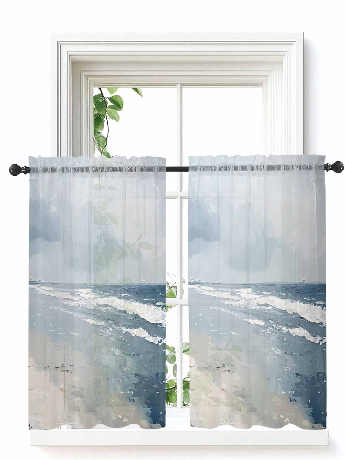 Blue Coastal Tier Curtains 45 Inch Length, Sheer Curtains for Bedroom ...