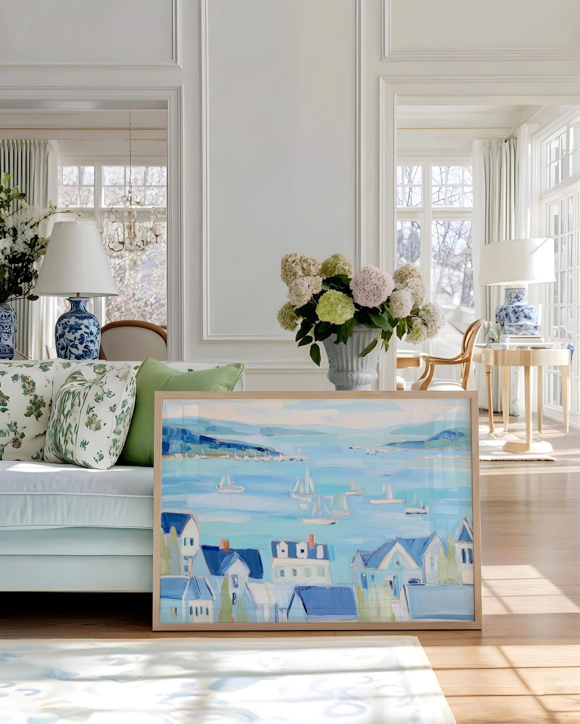 Blue Coastal Town Wall Art Seaside Bay Chinoiserie Beach House Decor ...