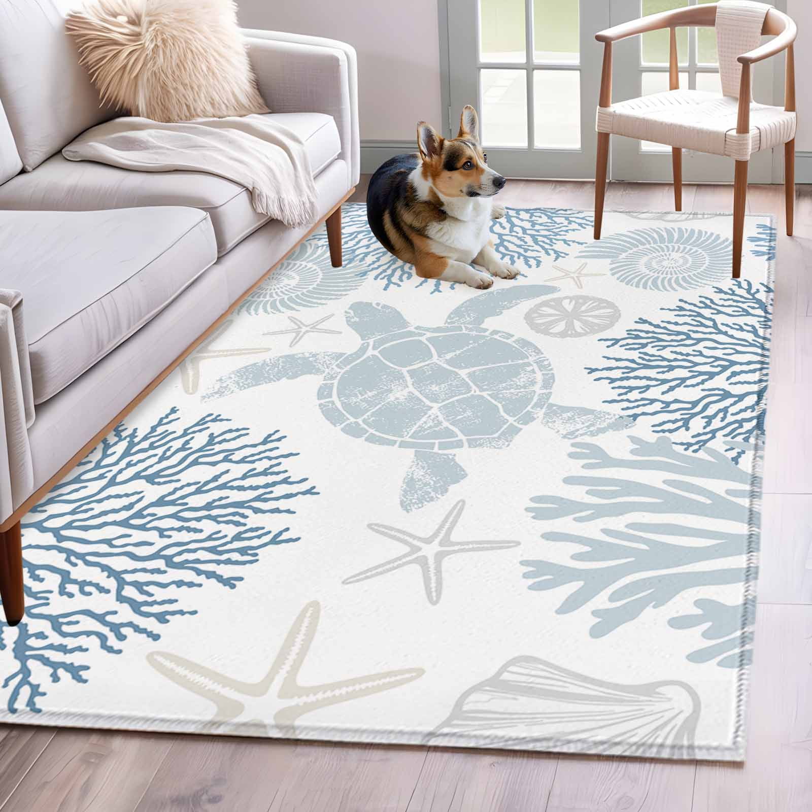Blue Coastal Turtle Area Rug 3x5 Washable Rug Non Slip Ocean Coral ...