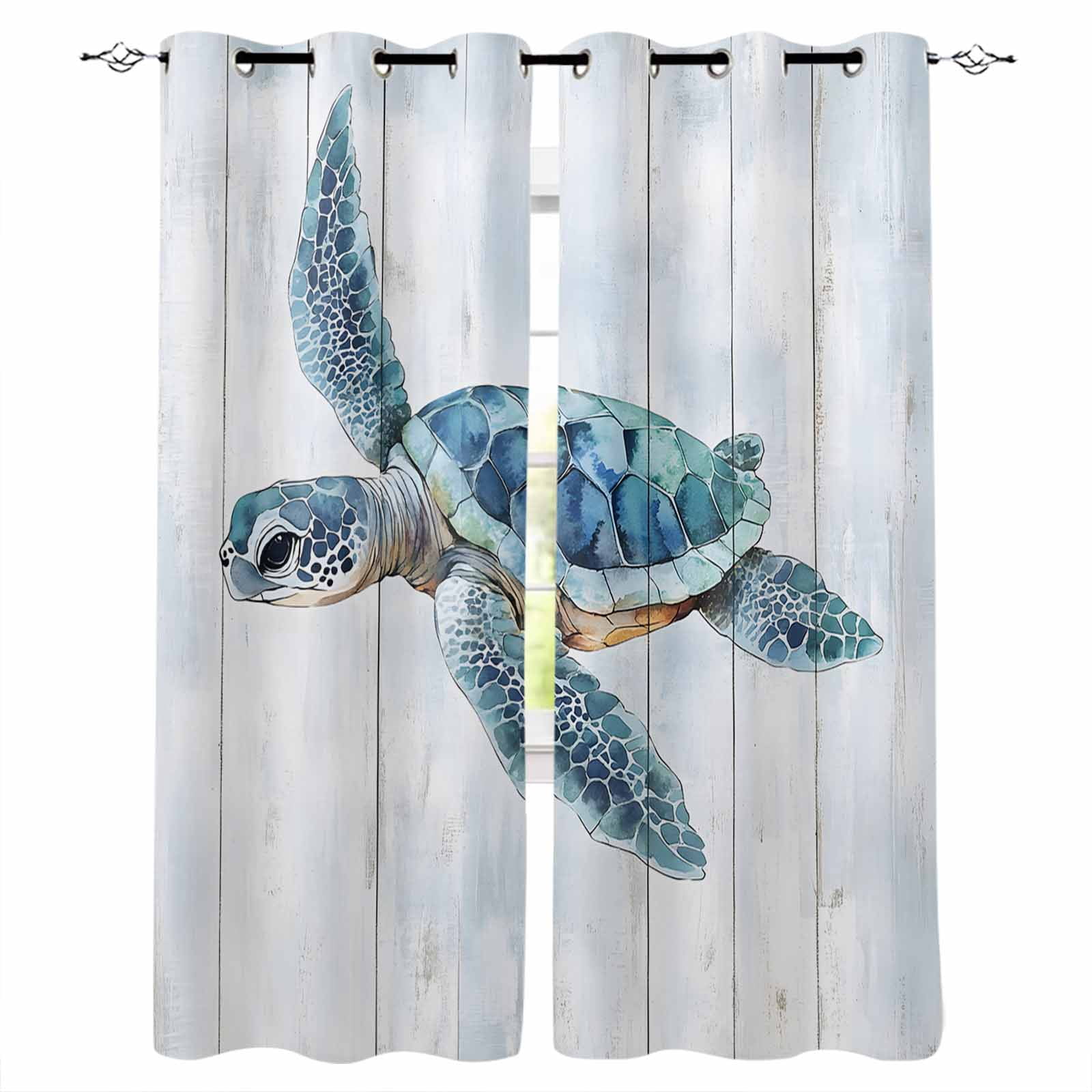 Blue Coastal Turtle Blackout Curtains 45 Inches Long for Bedroom, Sea ...