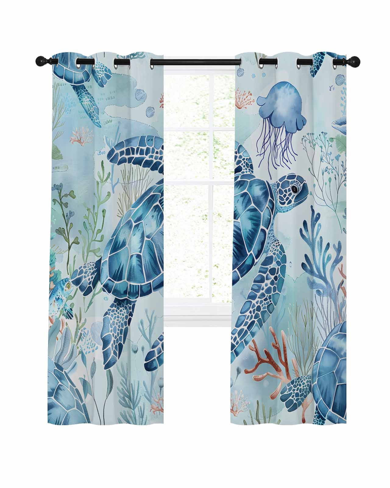 Blue Coastal Turtle Blackout Curtains 63 Inches Long for Bedroom ...