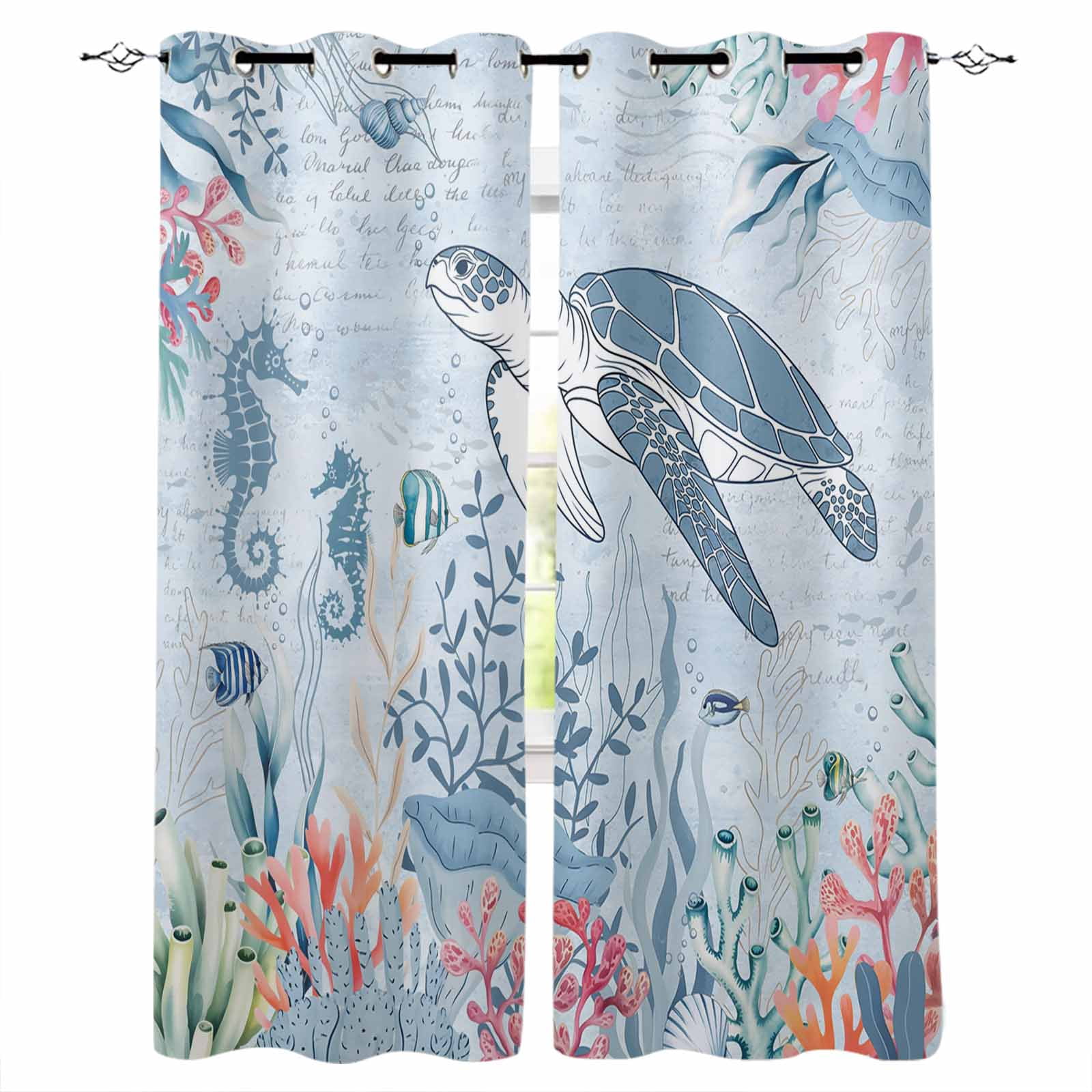 Blue Coastal Turtle Blackout Curtains for Bedroom, Beach Nautical Ocean ...