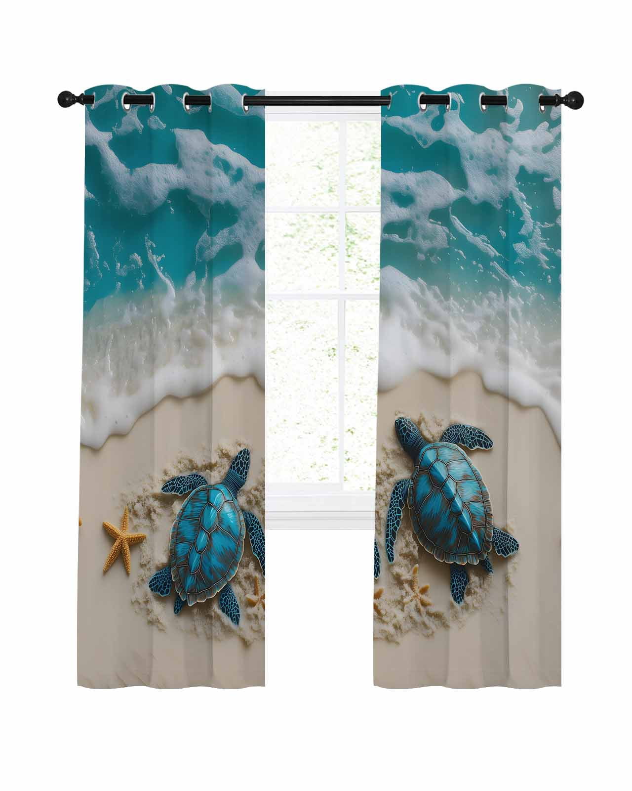 Blue Coastal Turtle Blackout Curtains, Light Blocking Print Window ...