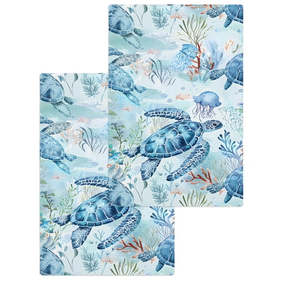 Blue Coastal Turtle Kitchen Dish Towels for Drying Dishes Set of 2 ...