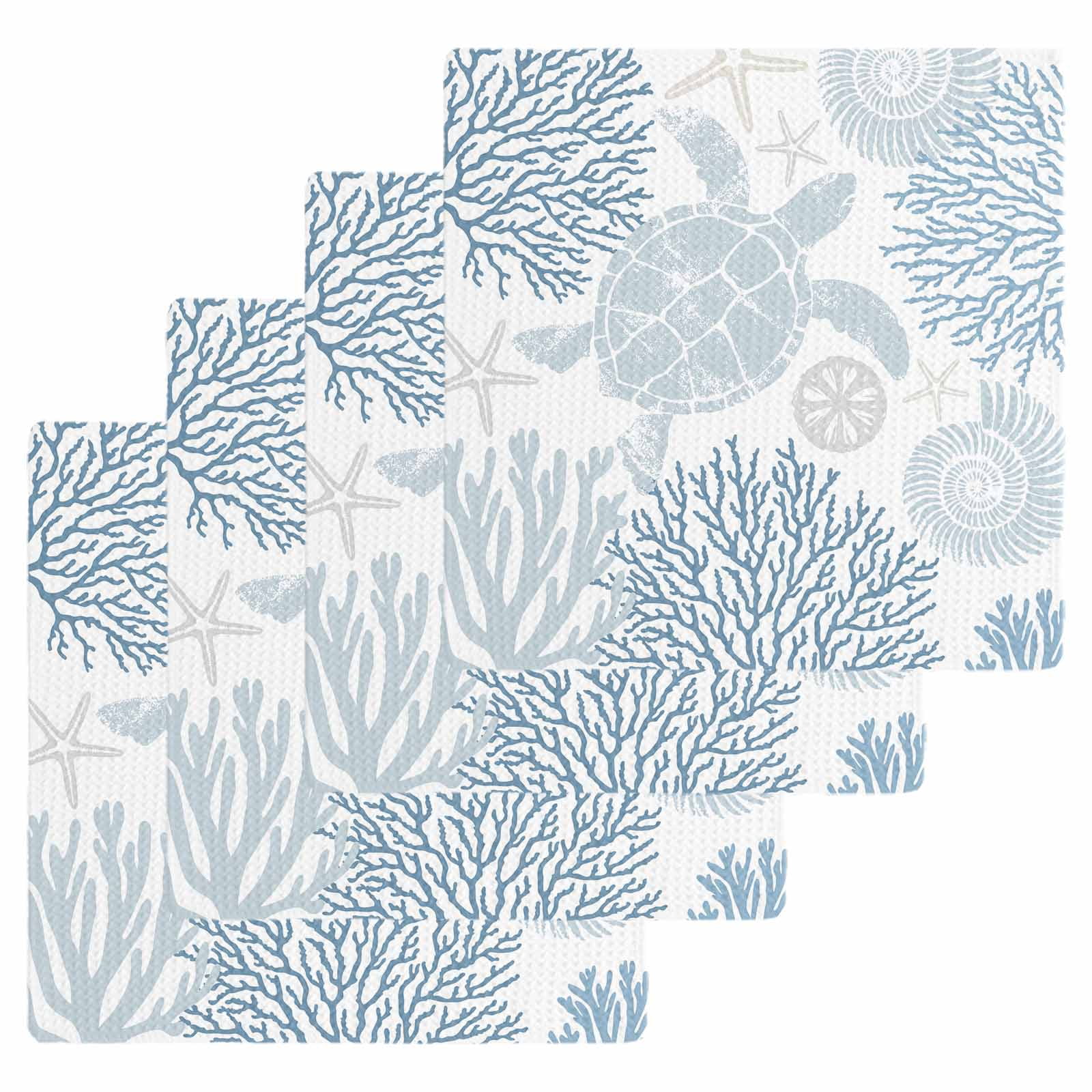 Blue Coastal Turtle Kitchen Dish Towels for Drying Dishes Set of 4 ...
