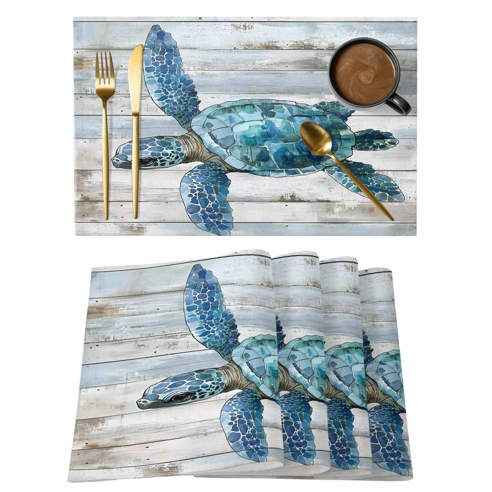 Blue Coastal Turtle Placemats Set of 12 Retro Nautical Beach Ocean ...