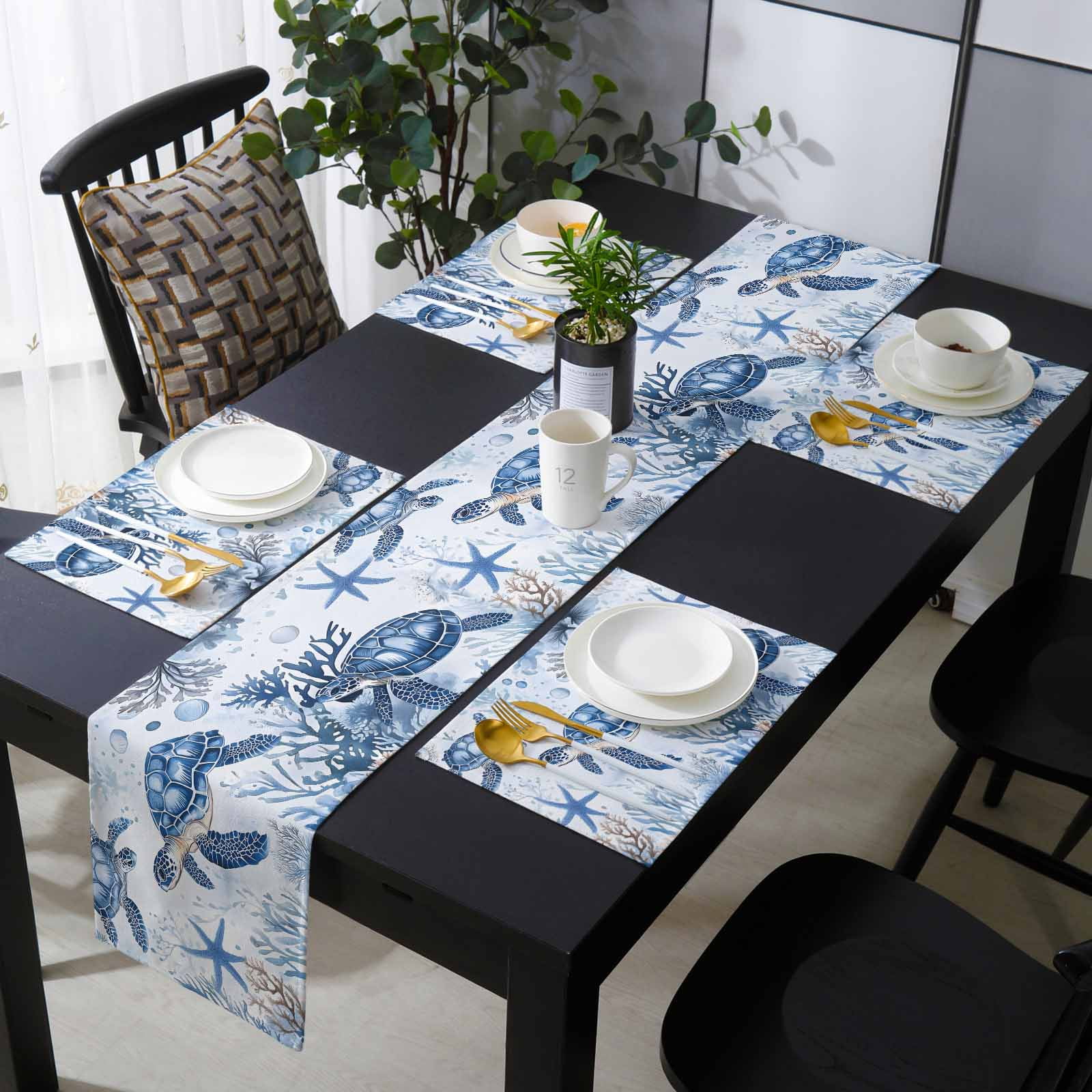 Blue Coastal Turtle Placemats Set of 6 with 90 Inches Long Table ...