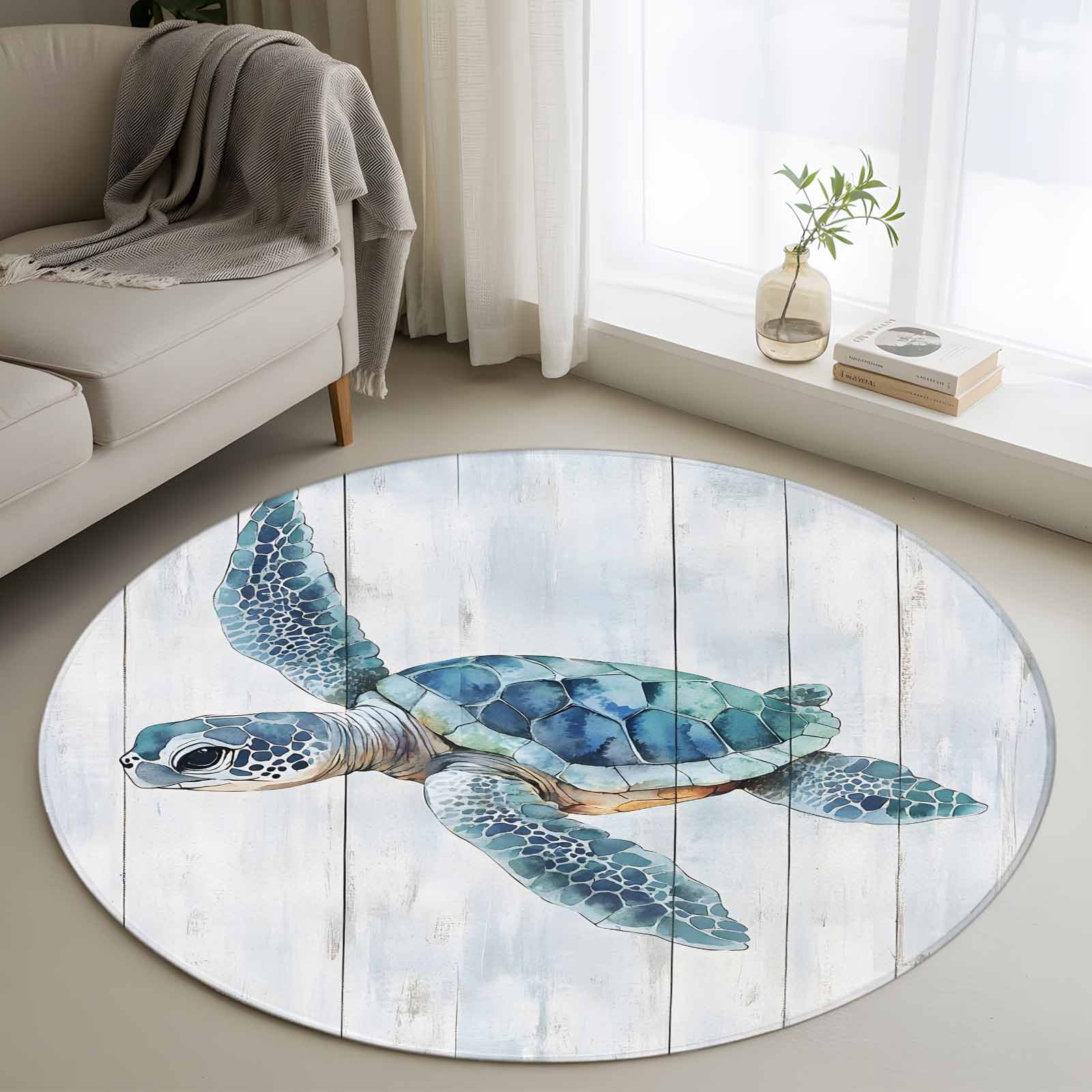 Blue Coastal Turtle Round Area Rug 4 FT, Non Slip Indoor Outdoor Rug ...