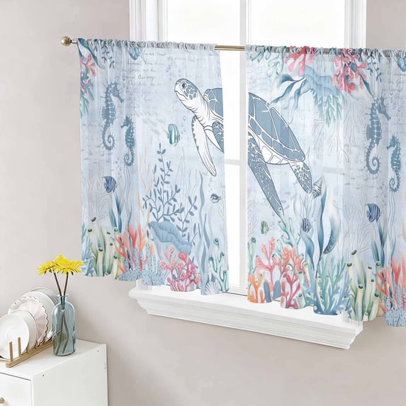 Blue Coastal Turtle Sheer Curtains 45 Inch Length 2 Panels Set, Beach ...