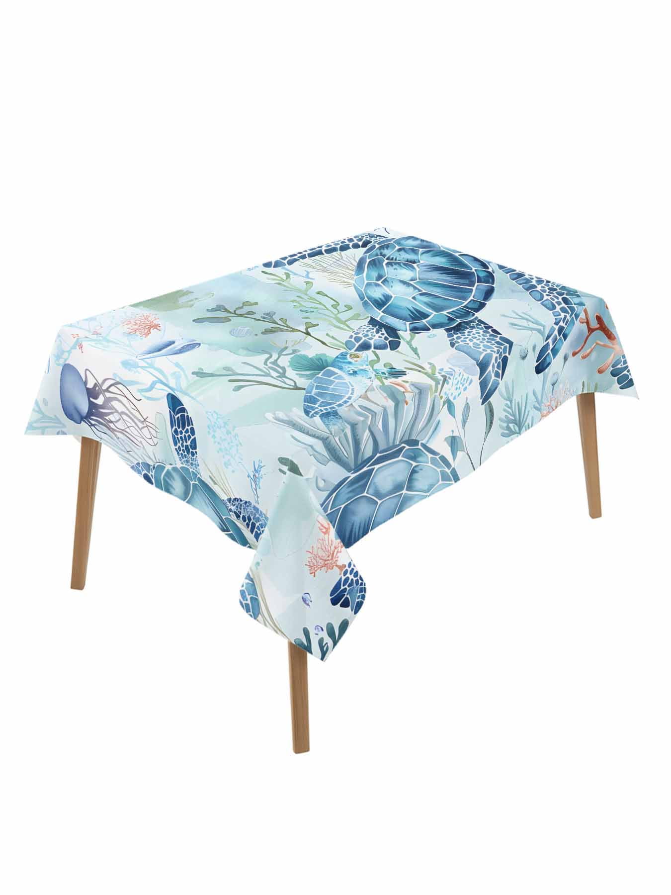 Blue Coastal Turtle Table Cloth, Summer Beach Coral Nautical Waterproof ...