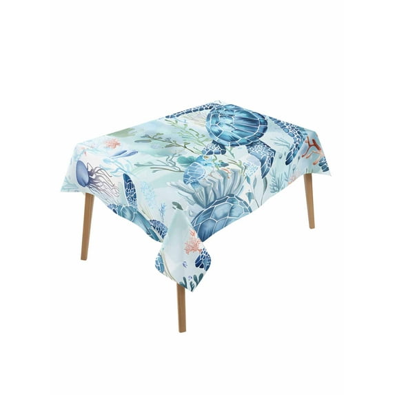Blue Coastal Turtle Table Cloth, Summer Beach Coral Nautical Waterproof ...