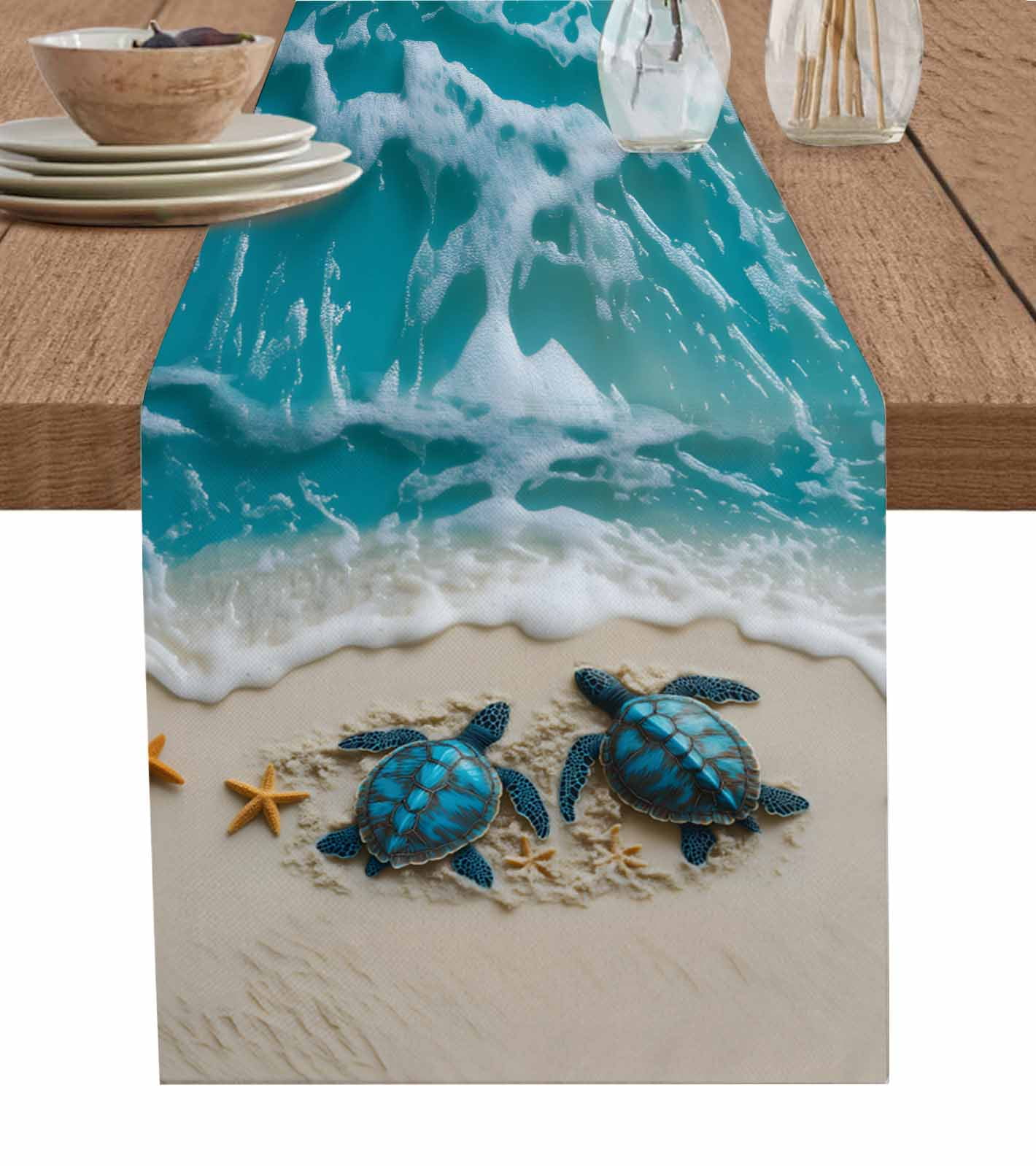 Blue Coastal Turtle Table Runner 36 Inches, Nautical Beach Ocean ...