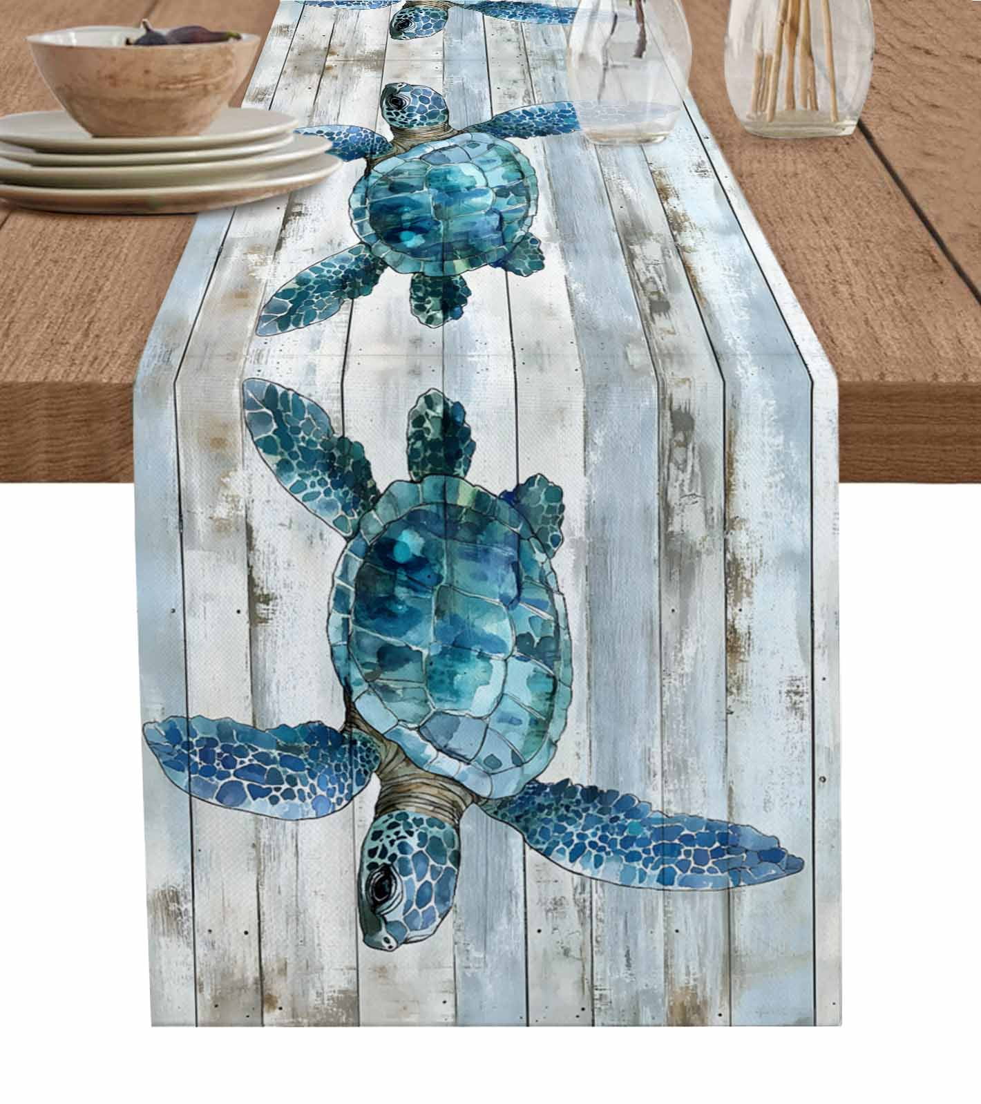 Blue Coastal Turtle Table Runner 70 Inches, Retro Nautical Beach Ocean ...