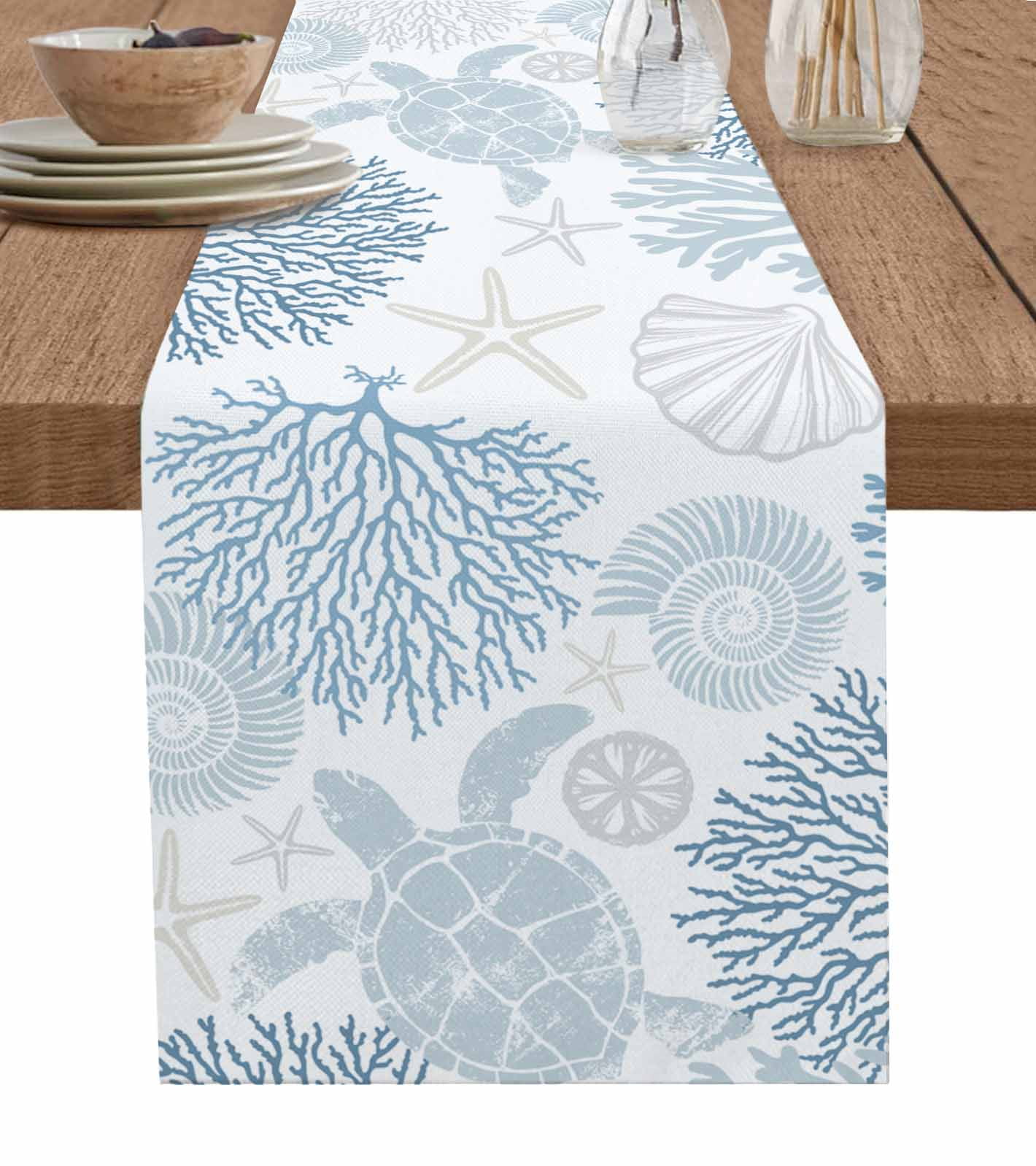 Blue Coastal Turtle Table Runner 72 Inches, Ocean Coral Nautical Bed ...