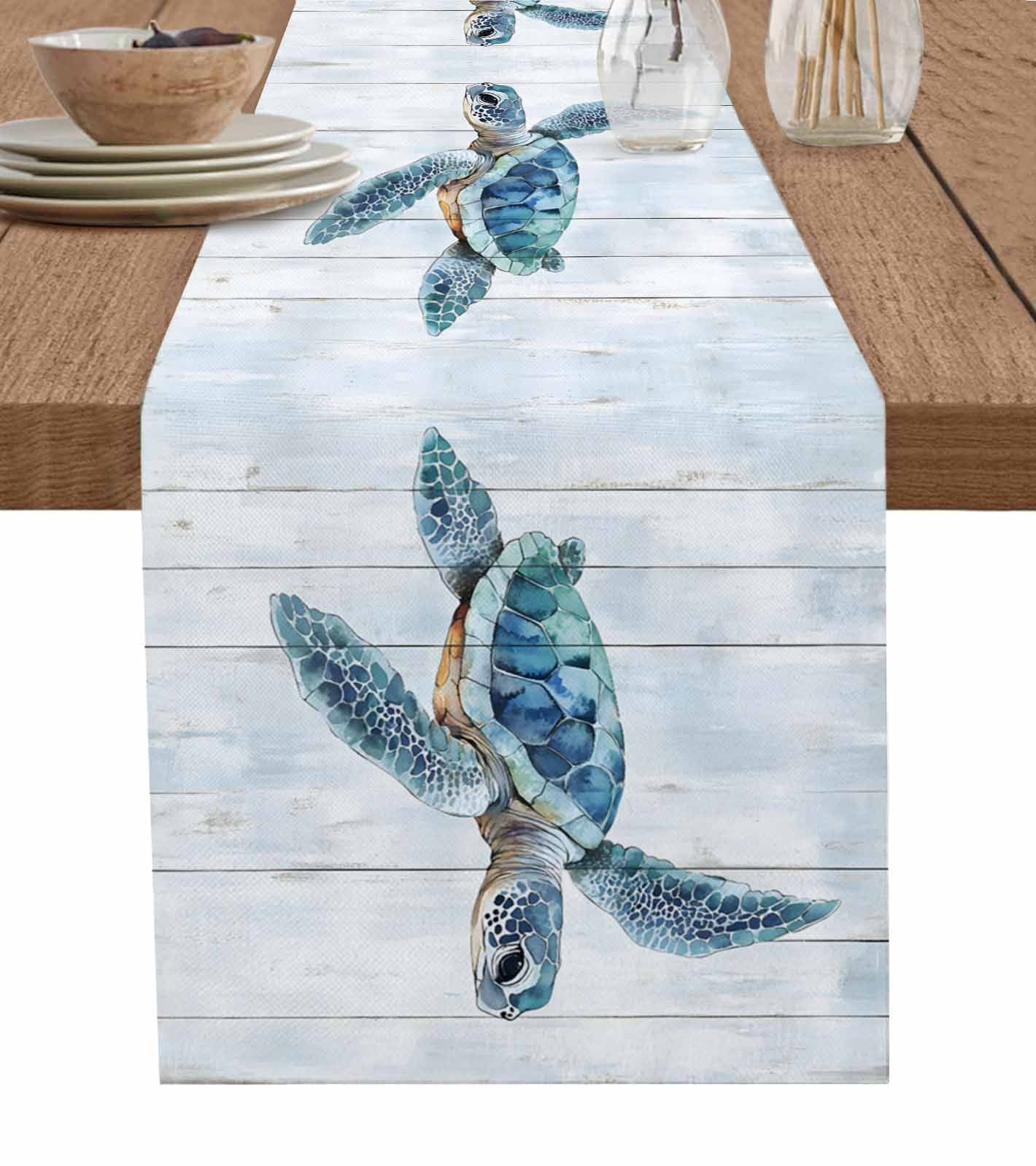 Blue Coastal Turtle Table Runner 72 Inches, Sea Nautical Beach Ocean ...