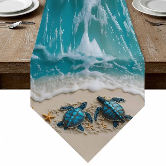 Blue Coastal Turtle Table Runner Linen Burlap Table Runner 72 Inches ...