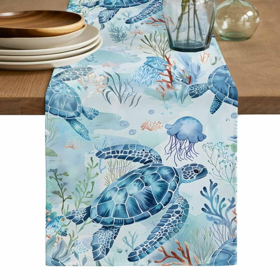 Blue Coastal Turtle Table Runner, Summer Beach Coral Nautical Washable ...
