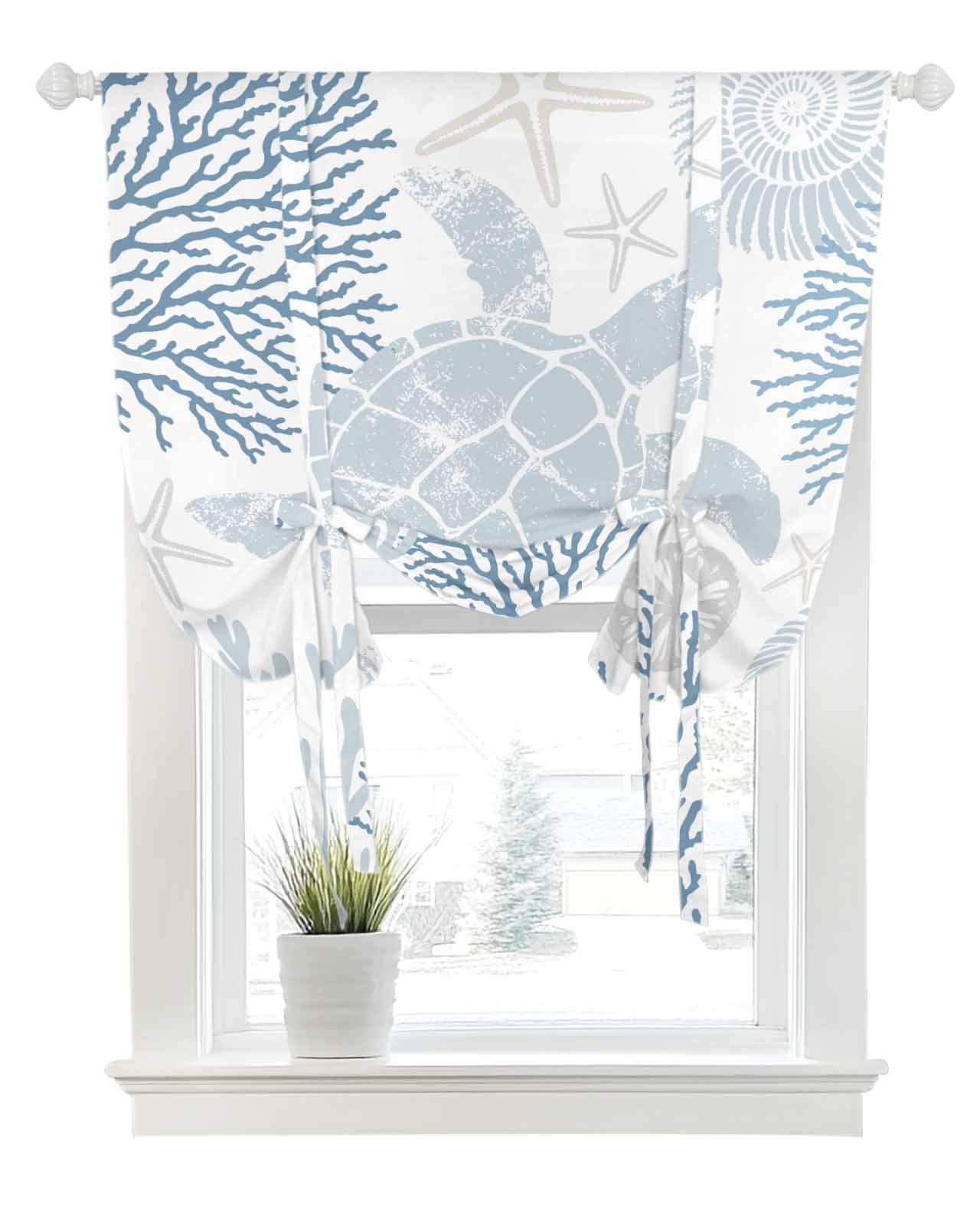 Blue Coastal Turtle Tie Up Curtains for Window, Thermal Insulated ...