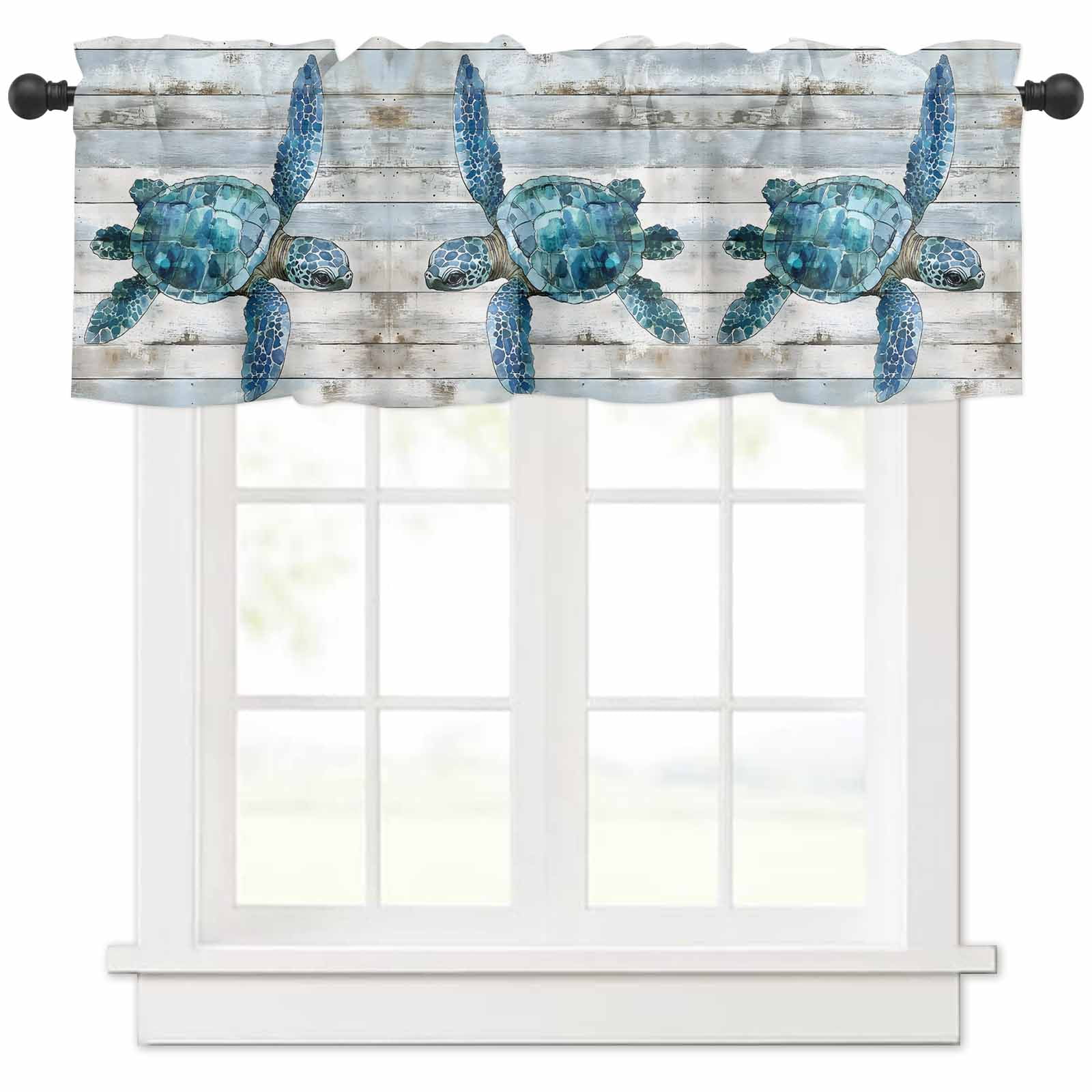 Blue Coastal Turtle Valances for Windows Farmhouse Kitchen Curtains ...