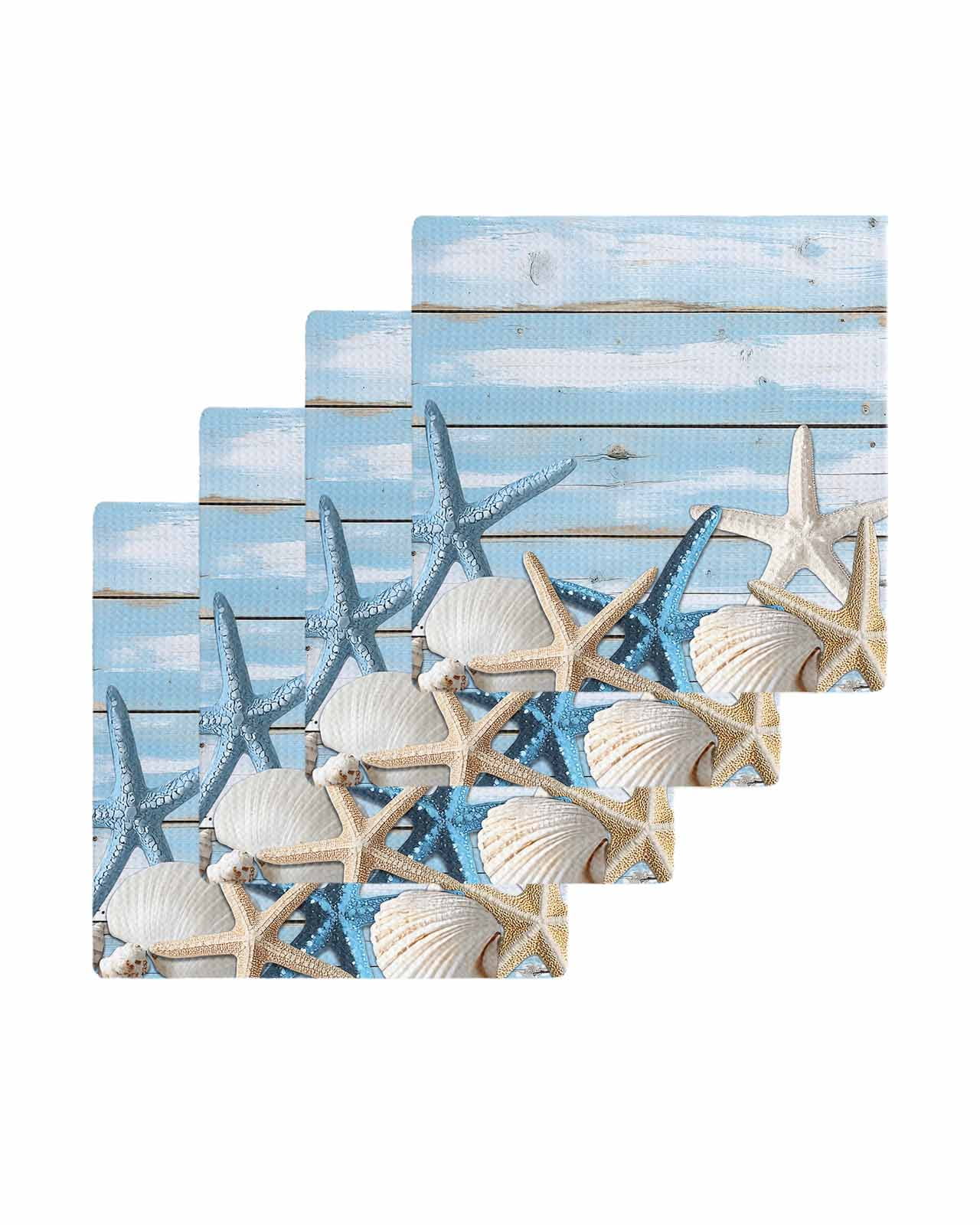 Blue Coastal Vintage Kitchen Dish Towels for Drying Dishes Set of 4, Ocean Starfish Farmhouse ...