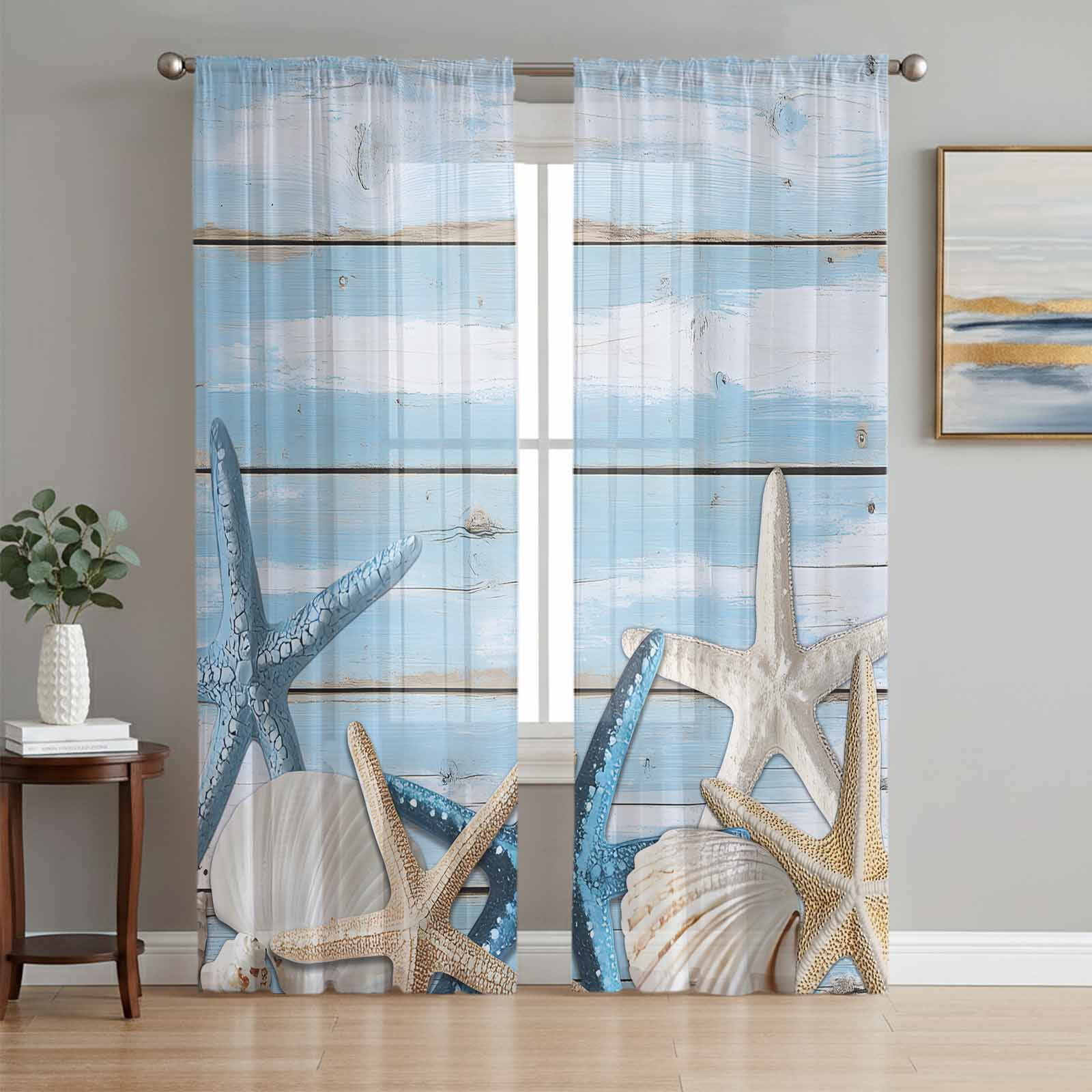 Blue Coastal Vintage Sheer Curtains 72 Inch Length 2 Panels Set, Ocean ...