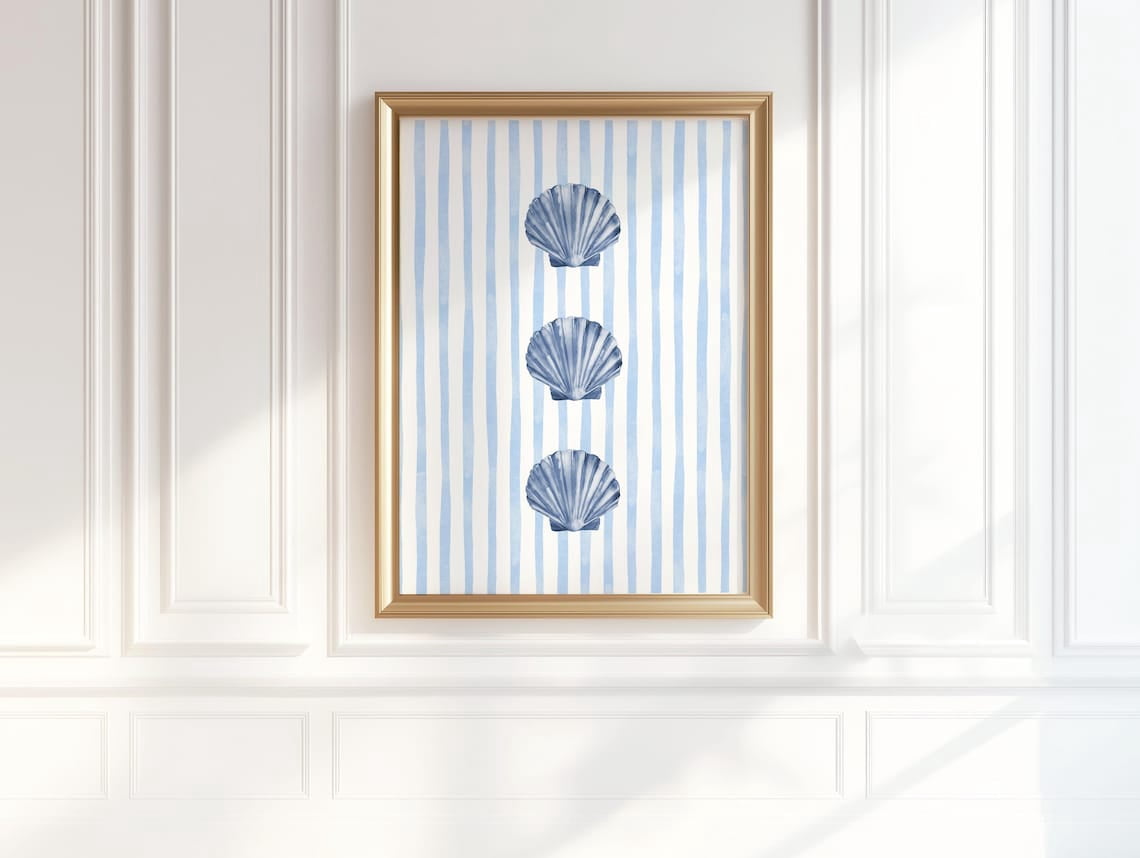 Blue Coastal Wall Art Cute Beachy Dorm Decor Seashell Poster Art ...