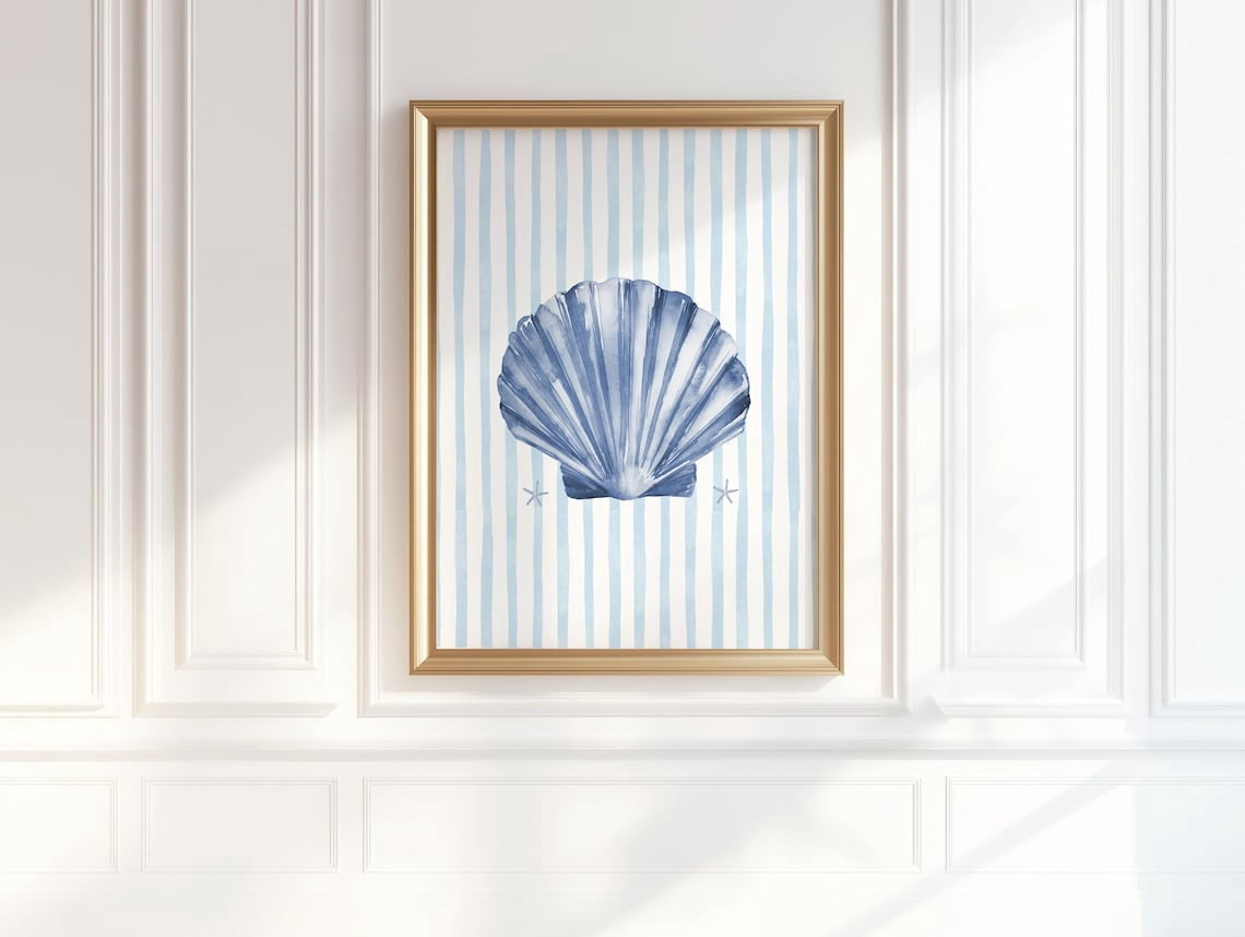 Blue Coastal Wall Art Cute Beachy Dorm Decor Seashell Poster For Room ...