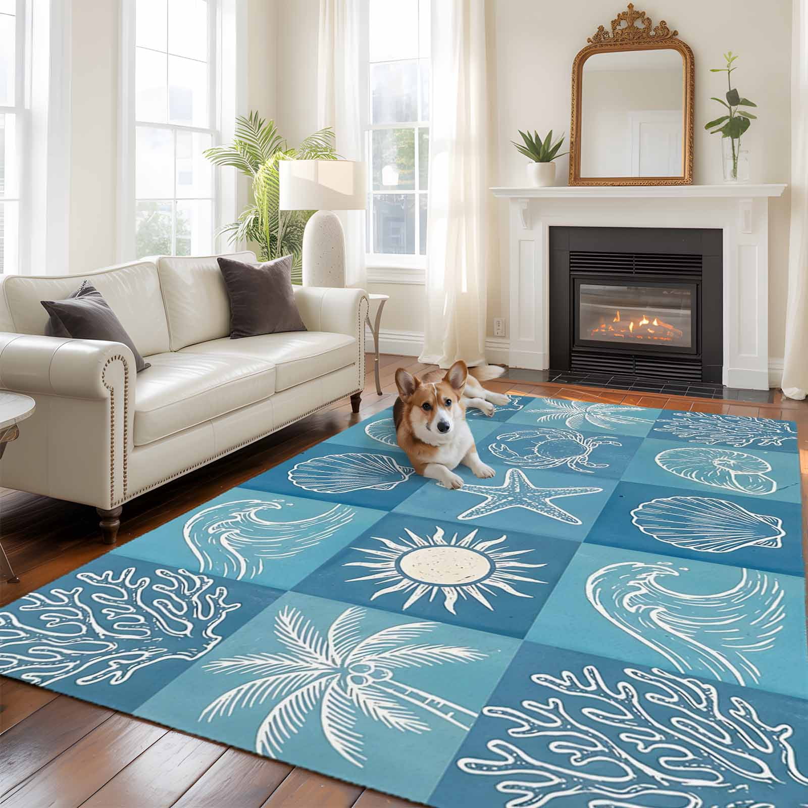 Blue Coastal Washable Area Rug 8x10 Summer Ocean Waves Shell Crab ...