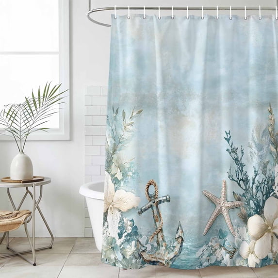 Blue Coastal Waterproof Fabric Shower Curtain,Beach Nautical Anchor ...