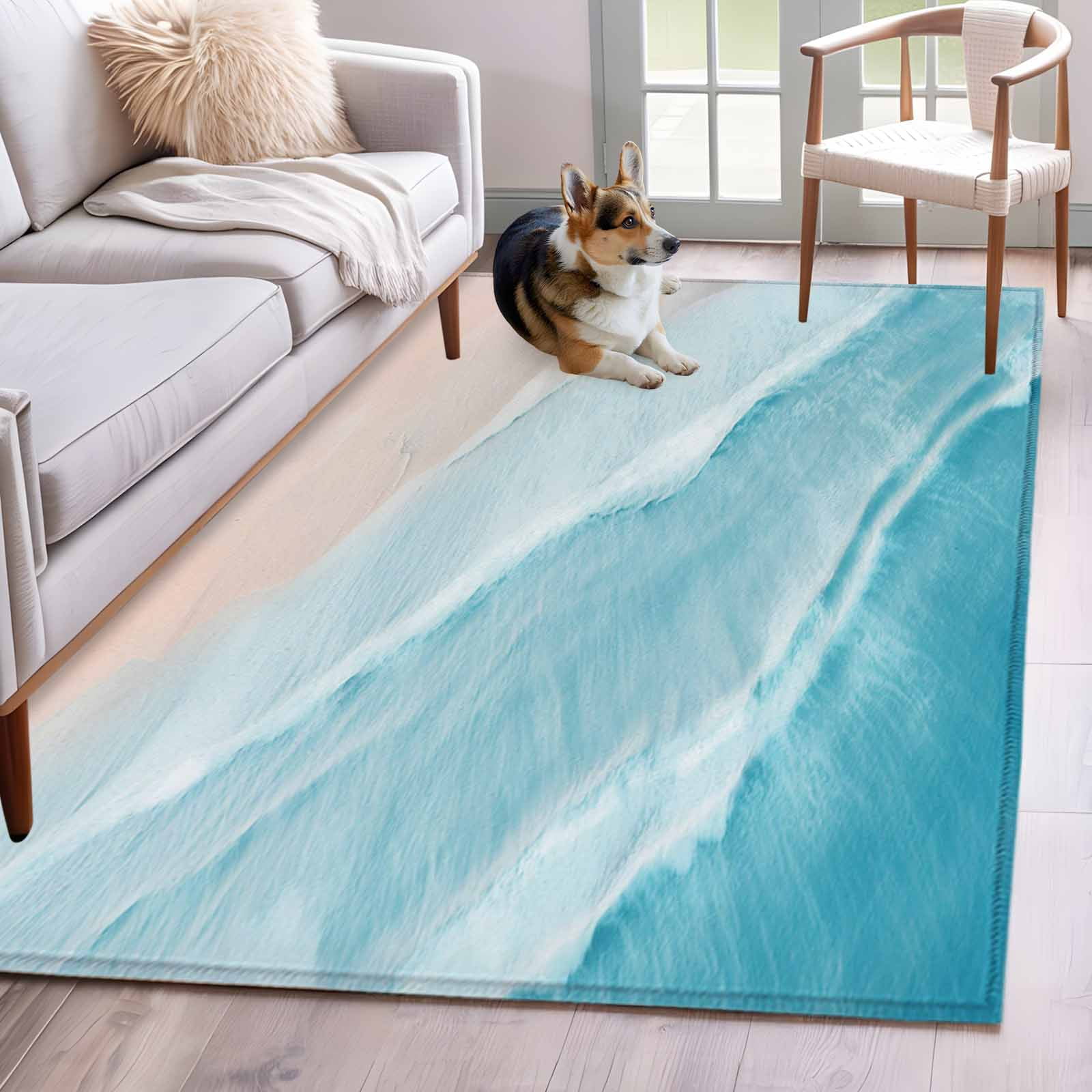 Blue Coastal Wave Area Rug 3x5 FT, Non Slip Entryway Bedside Carpet ...