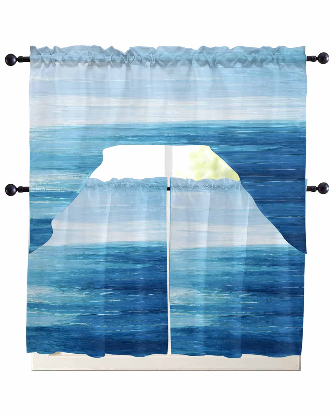 Blue Coastal Wave Kitchen Curtains Sets 24 Inch Length with Valance ...
