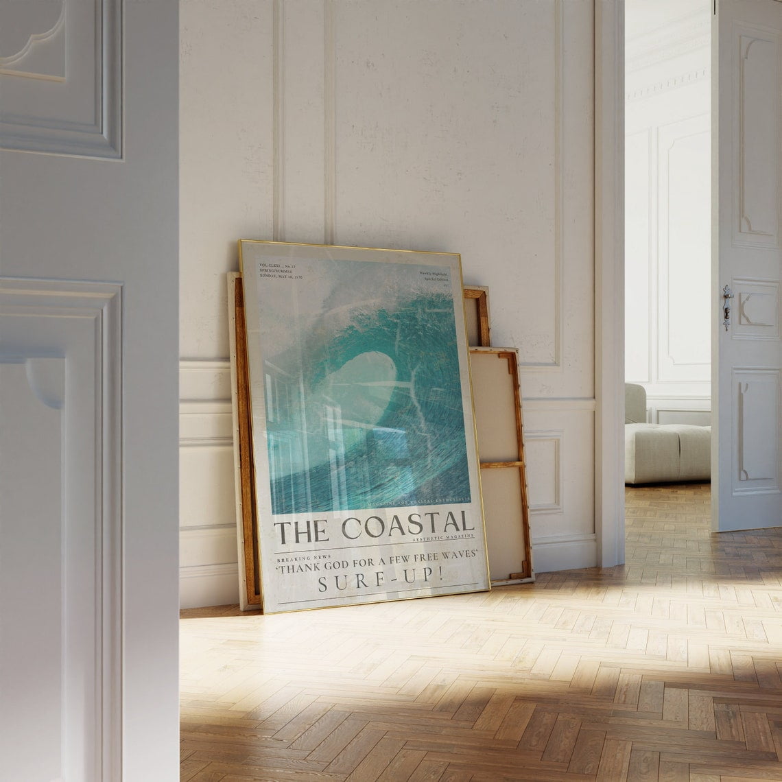 Blue Coastal Wave Newspaper Wall Art Vintage Surf Decor, Stretched ...