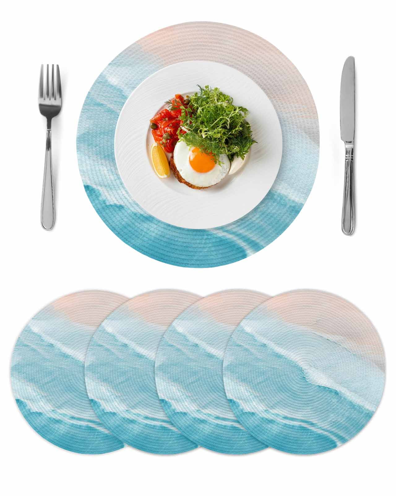Blue Coastal Wave Round 15 Inch Placemats Set of 4, Summer Modern Ocean ...