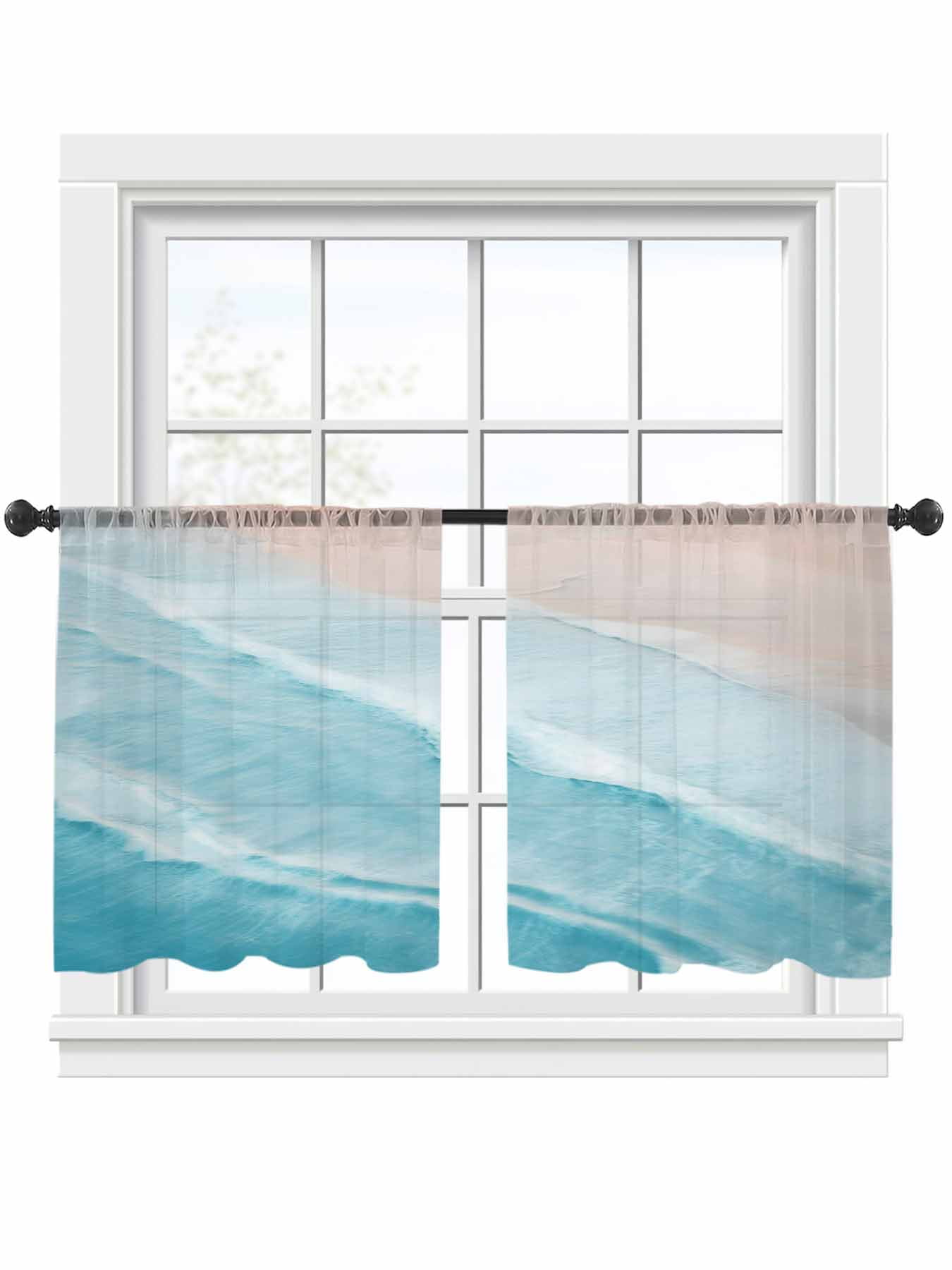 Blue Coastal Wave Sheer Curtains 54 Inch Length 2 Panels Set, Semi ...