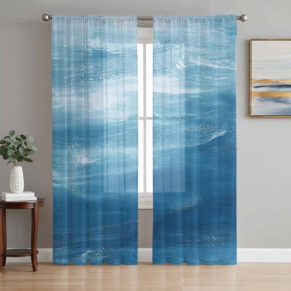 Blue Coastal Wave Sheer Curtains 63 Inch Length 2 Panels Set, Modern ...