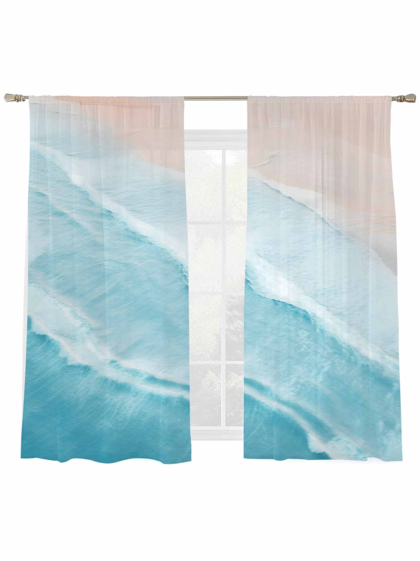 Blue Coastal Wave Sheer Curtains 63 Inch Length 2 Panels Set, Semi Transparent Voile Rod Pocket ...