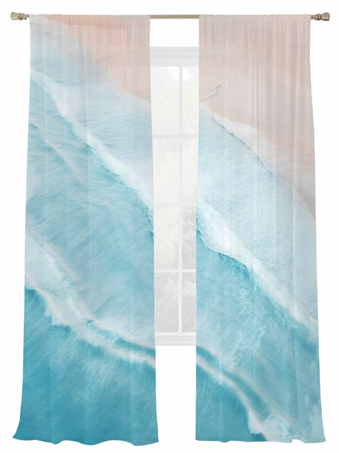 Blue Coastal Wave Sheer Curtains 84 Inch Length 2 Panels Set, Semi ...