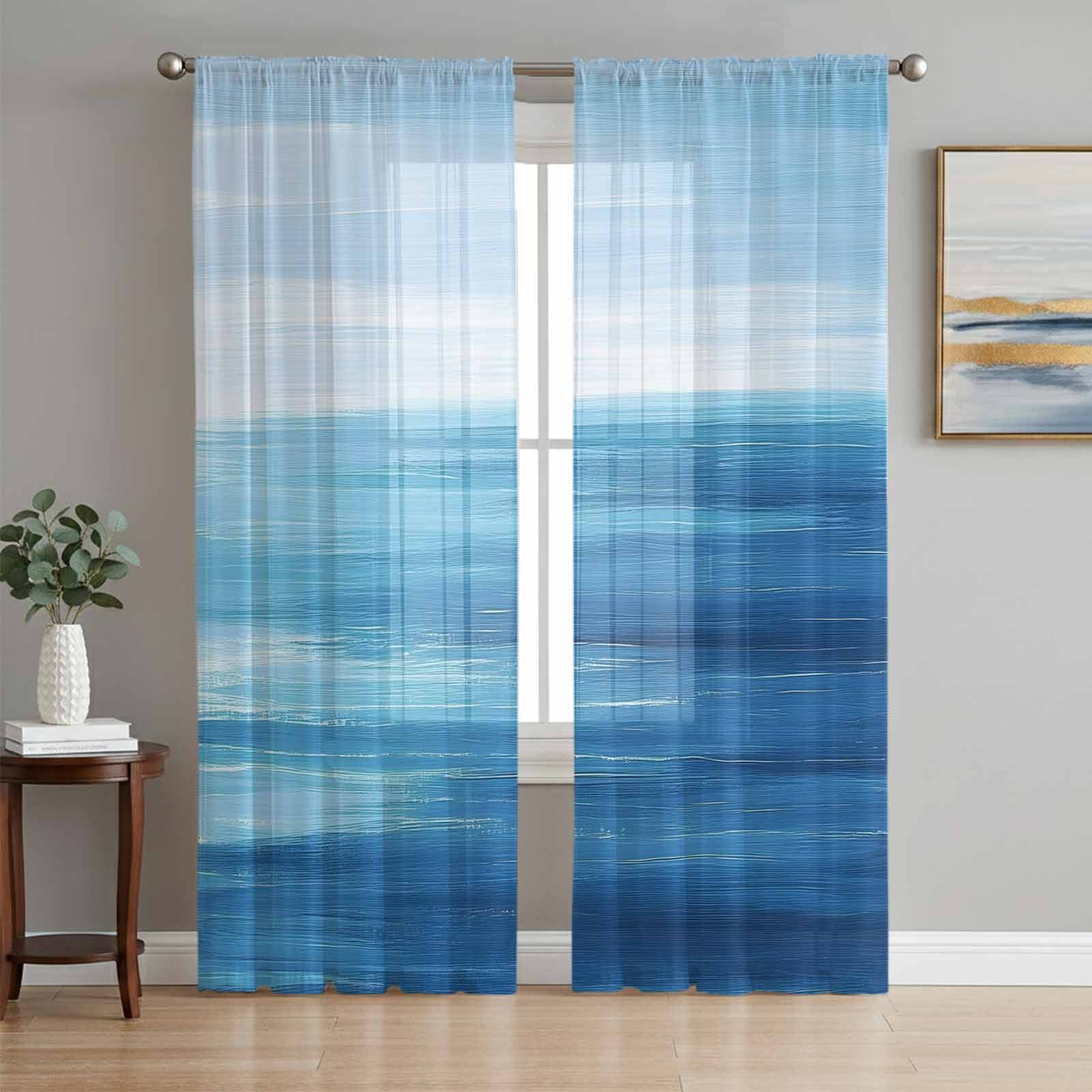 Blue Coastal Wave Sheer Curtains 96 Inch Length 2 Panels Set, Summer ...