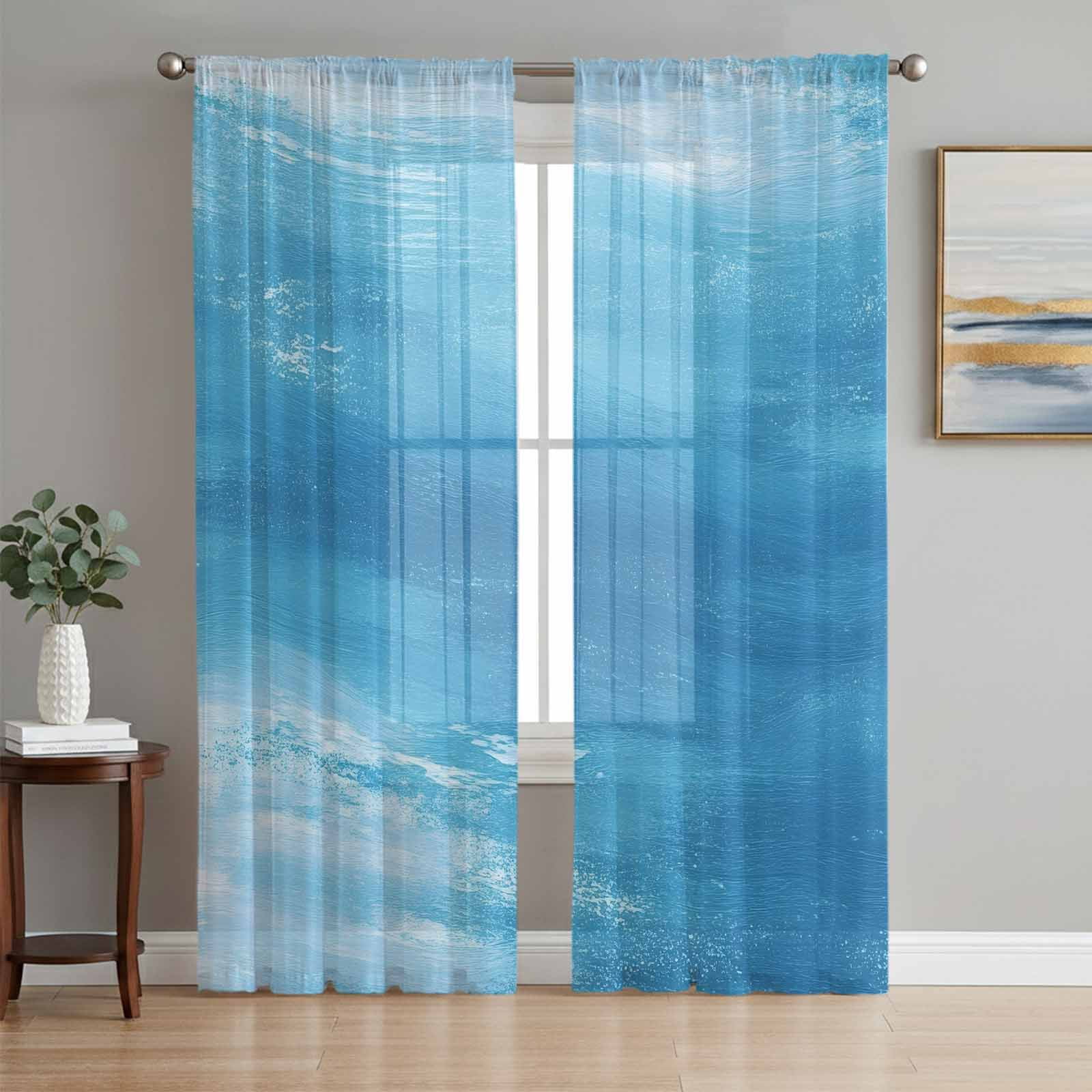 Blue Coastal Wave Sheer Curtains 96 Inch Length 2 Panels Set, Summer ...