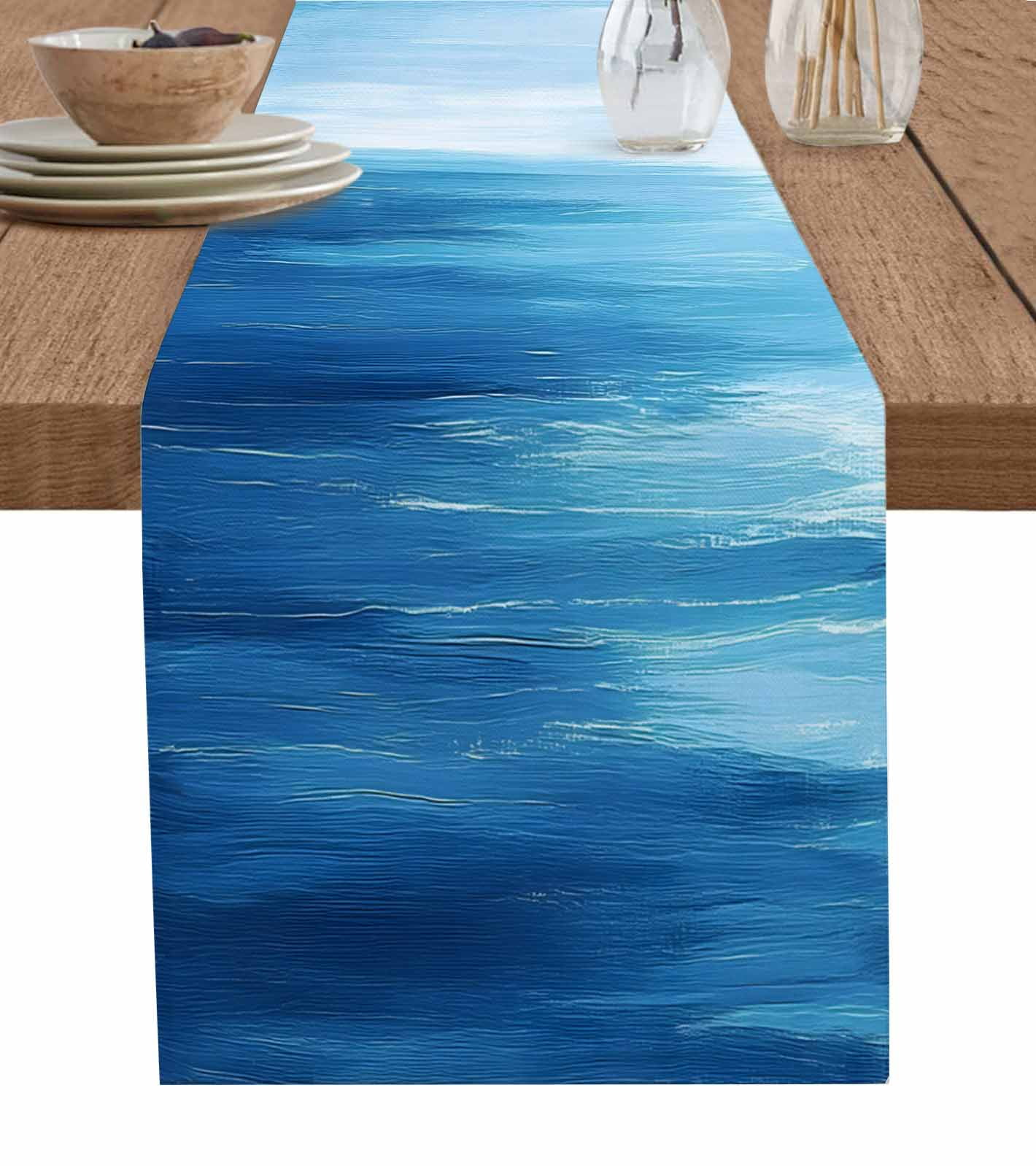 Blue Coastal Wave Table Runner 72 Inches, Summer Nautical Oil Painting Ocean Bed Runner Dresser ...
