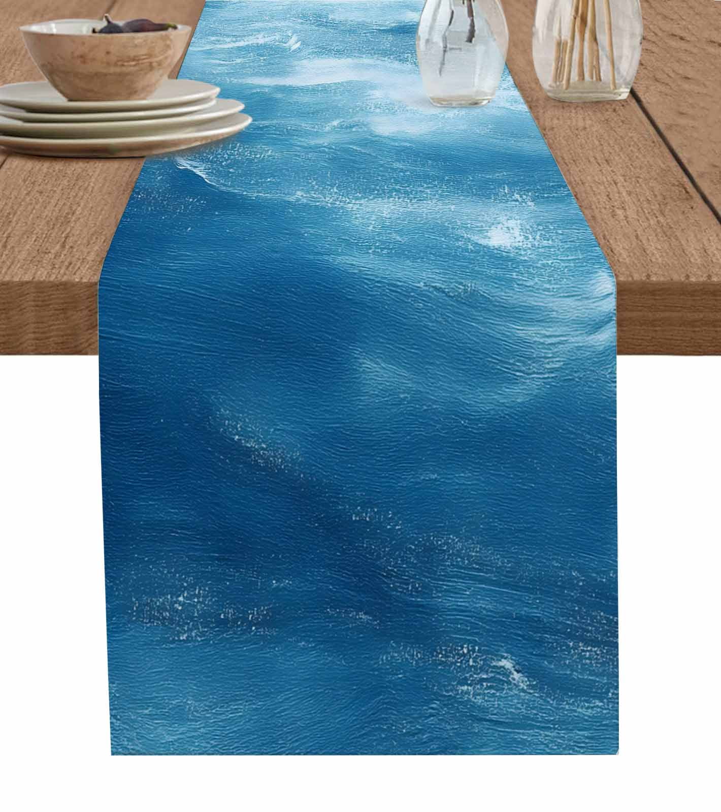 Blue Coastal Wave Table Runner Cotton Linen 48 Inch Holiday Dresser ...
