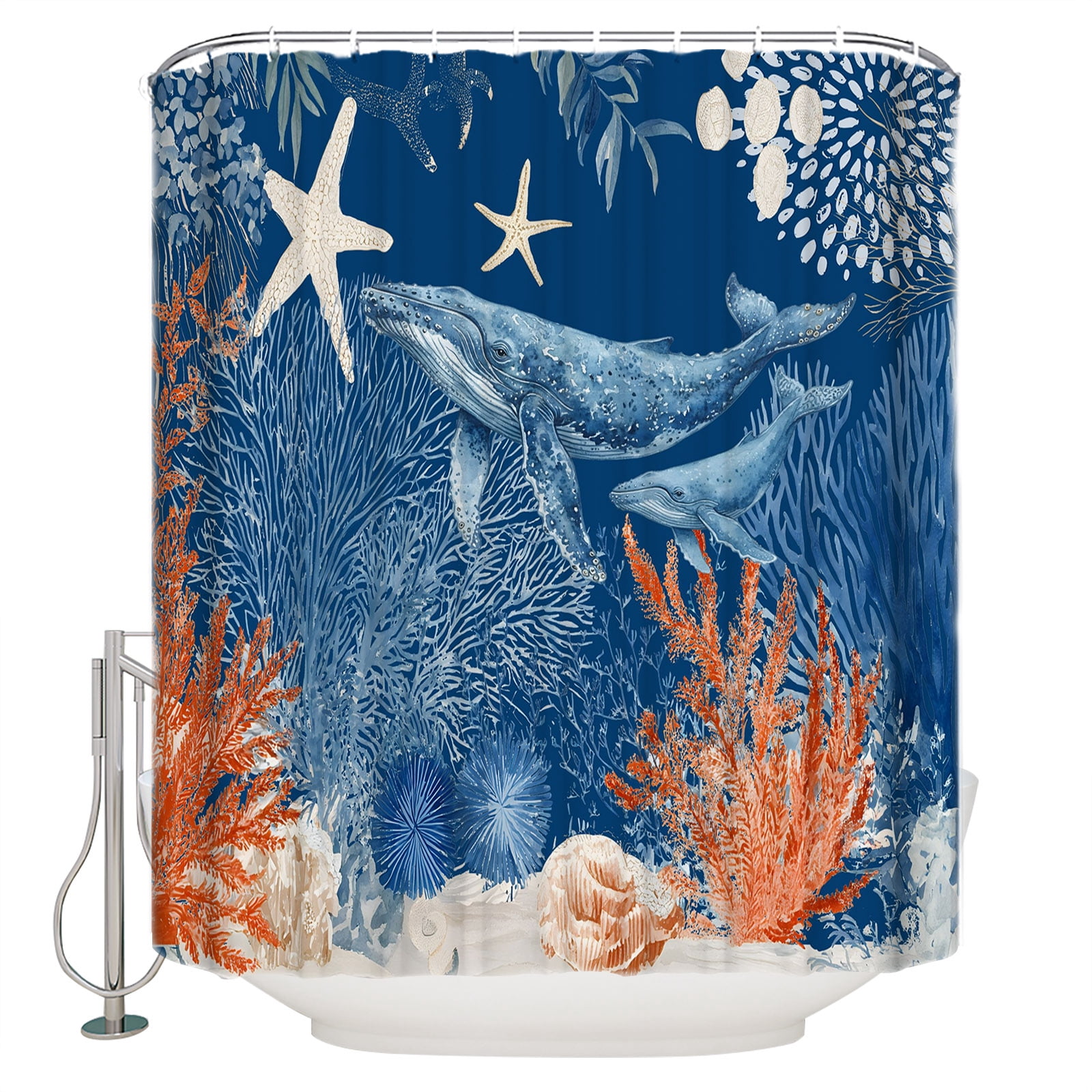 Blue Coastal Whale Bathroom Shower Curtains with 12 Hooks Waterproof ...