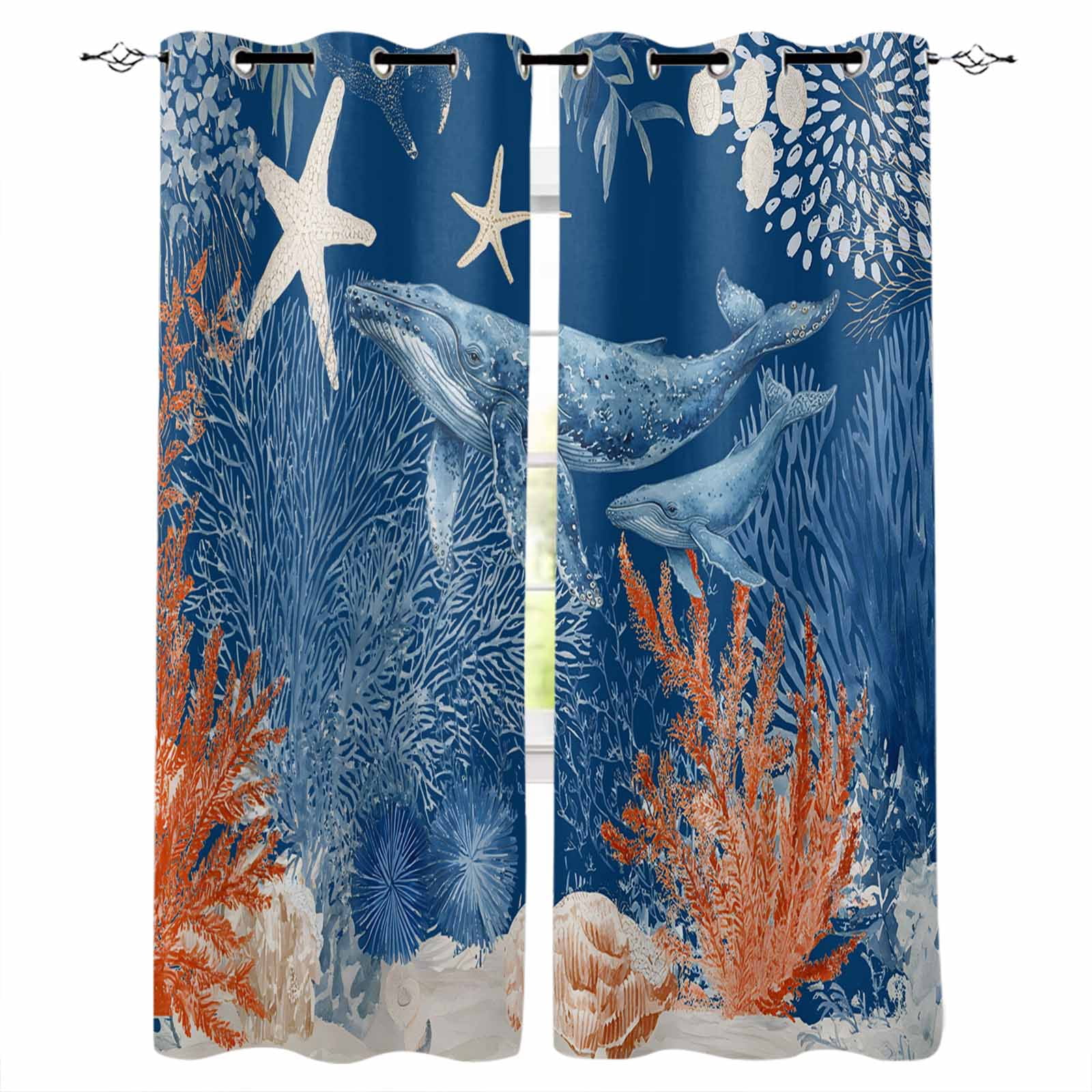 Blue Coastal Whale Blackout Curtains for Bedroom/Living Room, Thermal ...