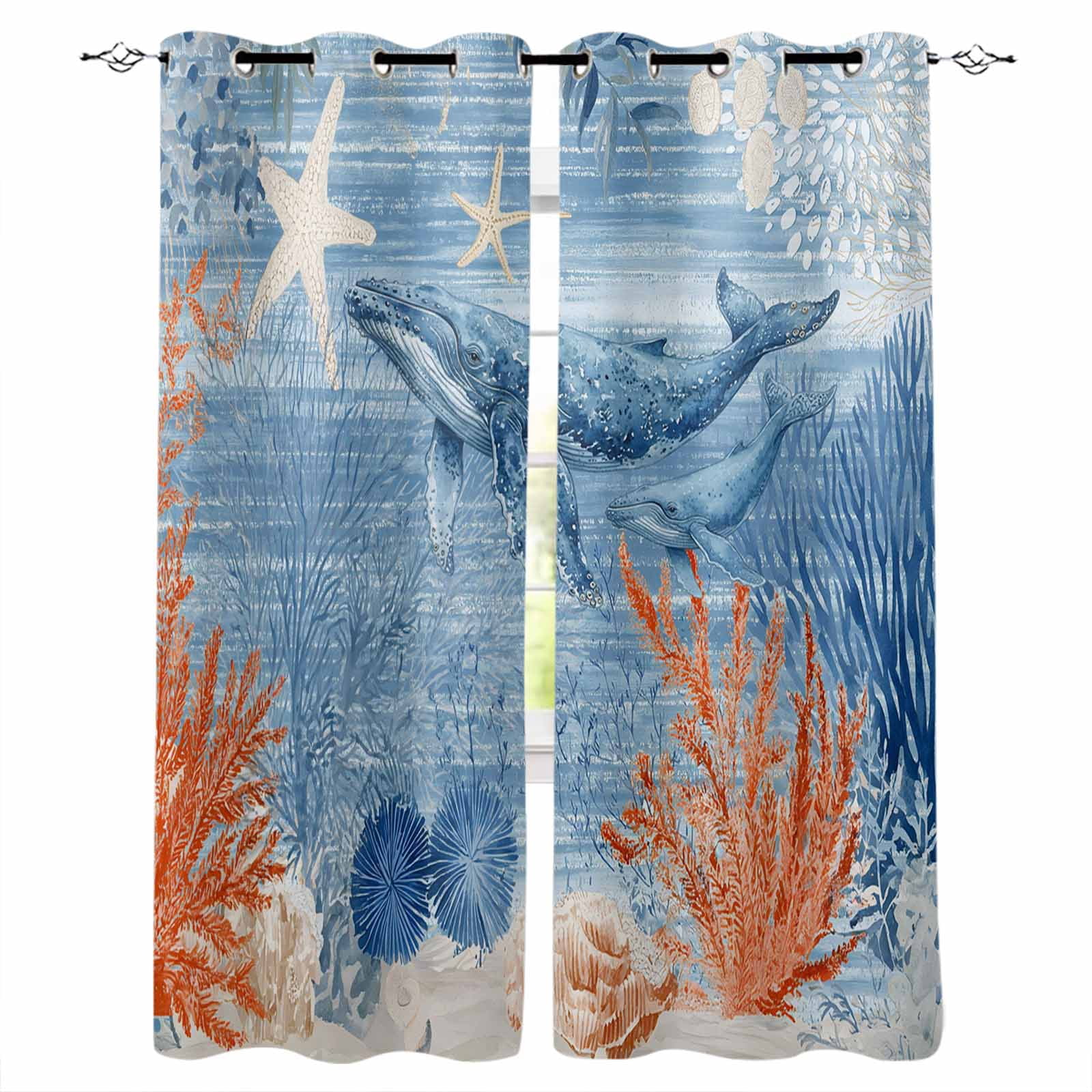 Blue Coastal Whale Blackout Curtains for Bedroom/Living Room, Thermal ...