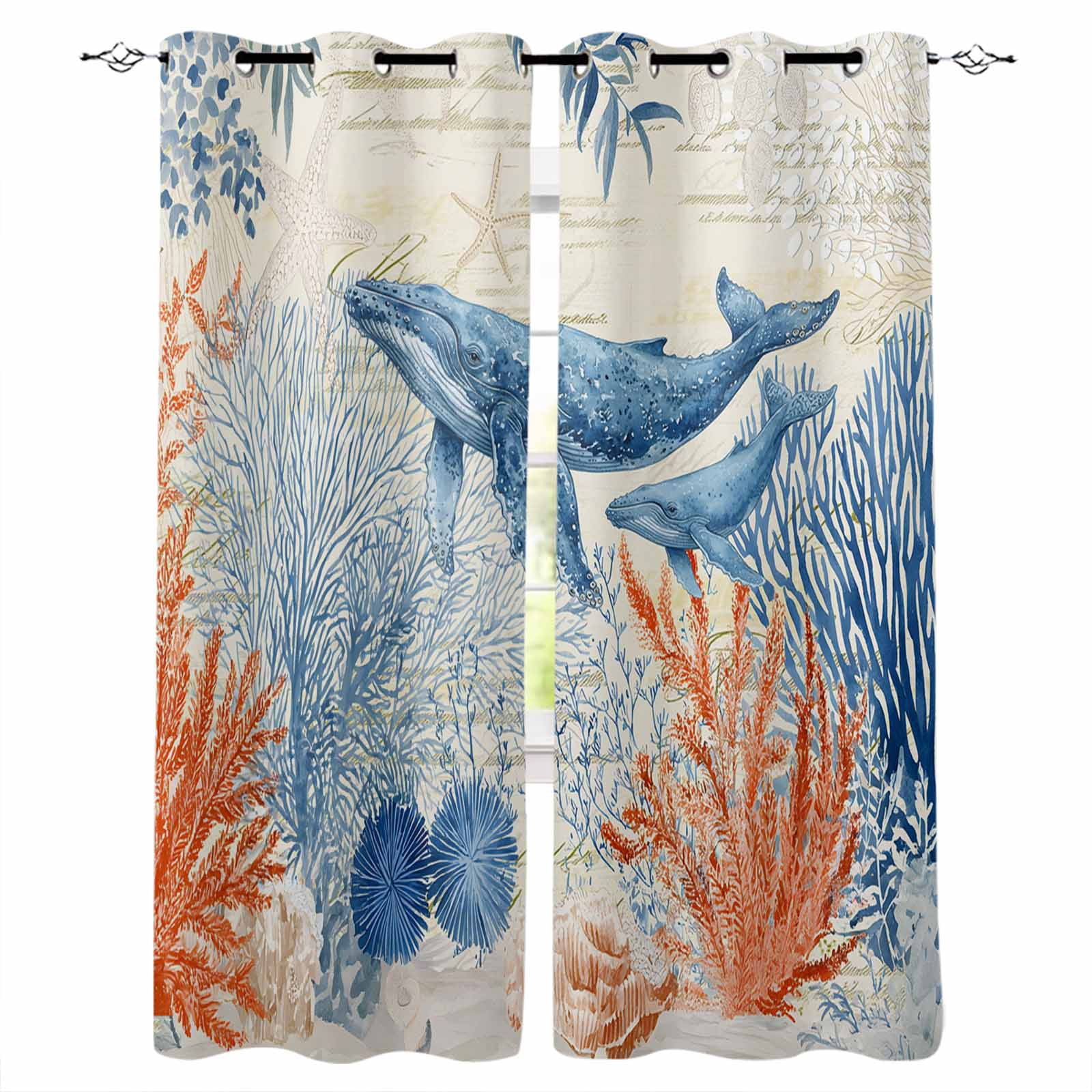 Blue Coastal Whale Blackout Curtains for Bedroom/Living Room, Thermal ...