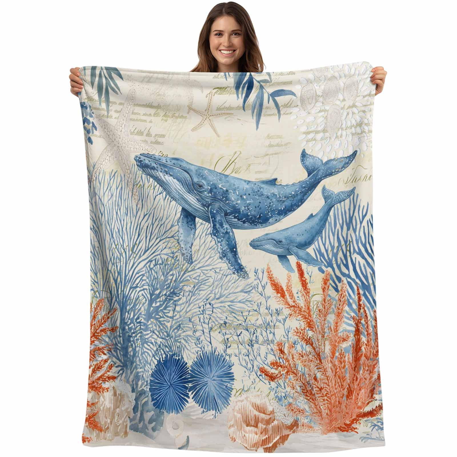 Blue Coastal Whale Blanket Soft Cozy Warm Twin Blanket for Bed, Plush ...