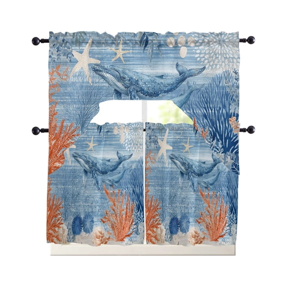 Blue Coastal Whale Kitchen Curtains Sets 24 Inch Length with Valance ...