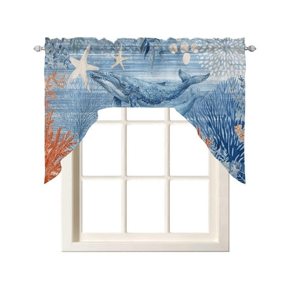 Blue Coastal Whale Kitchen Swag Valances for Windows, Retro Nautical ...