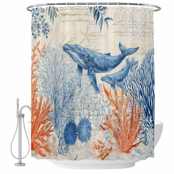 Blue Coastal Whale Shower Curtain Set - Standard 72" x 72" Washable ...