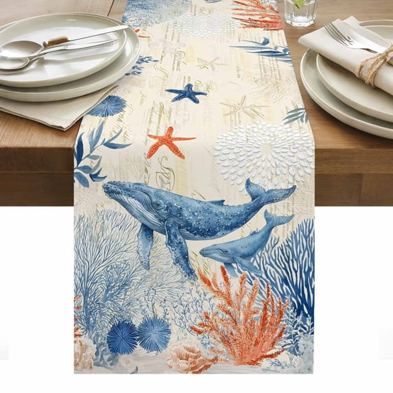 Blue Coastal Whale Table Runner Rustic Nautical Coral Starfish Leaves ...